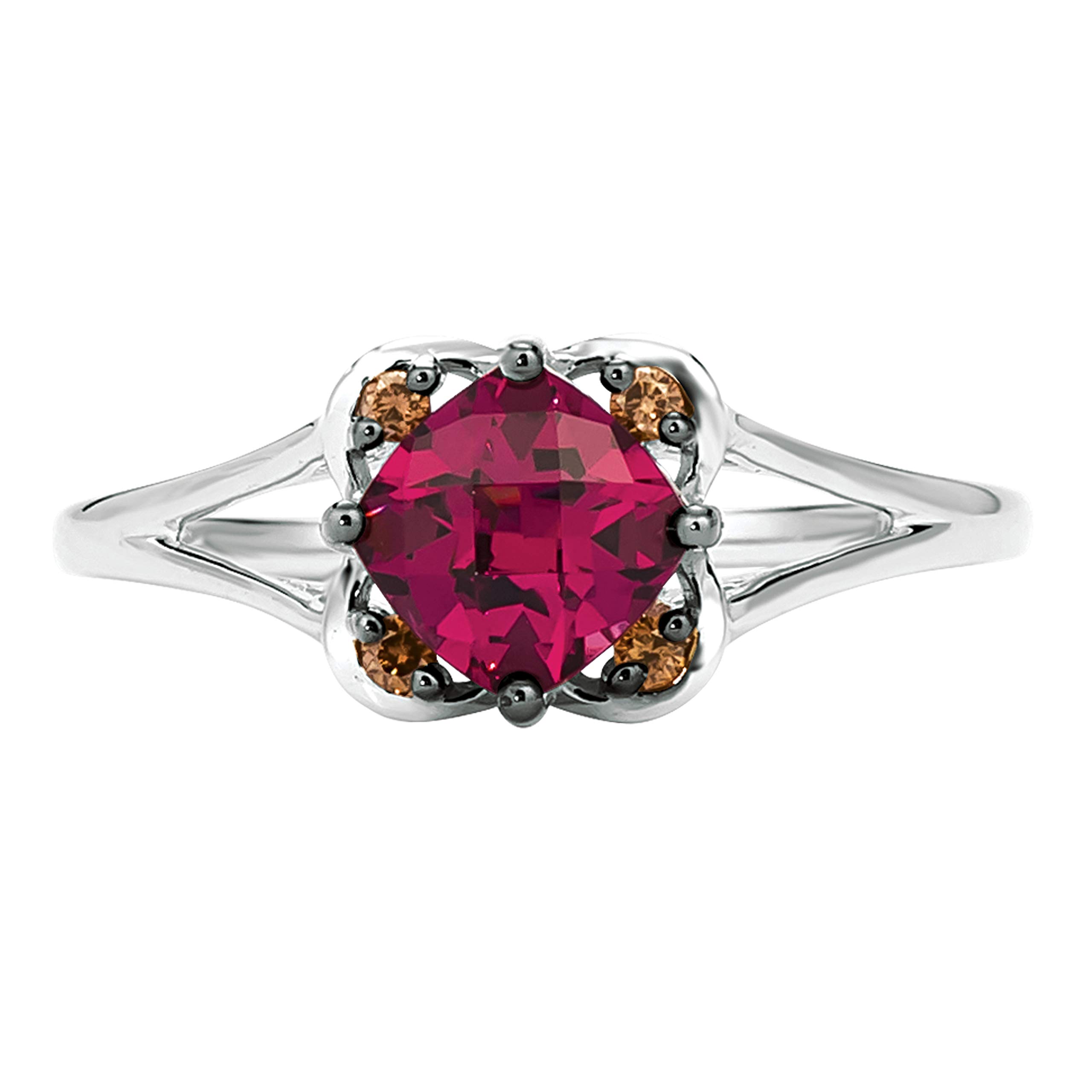 LeVian 14K White Gold 3/4 Ct Cushion-Cut Rhodolite Garnet & Chocolate Diamond Split Shank Ring (Fancy Brown Color, SI-SI2 Clarity) - Size 4-3/4