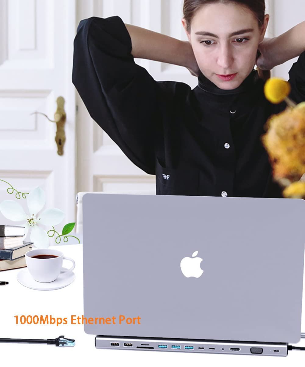 USB C Hub,USB-C Laptop Docking Station,14 in 1 Type C Adapter Compatible for MacBook and Windows(HDMI VGA PD3.0 SD TF Card Reader Gigabit Ethernet USB Ports)