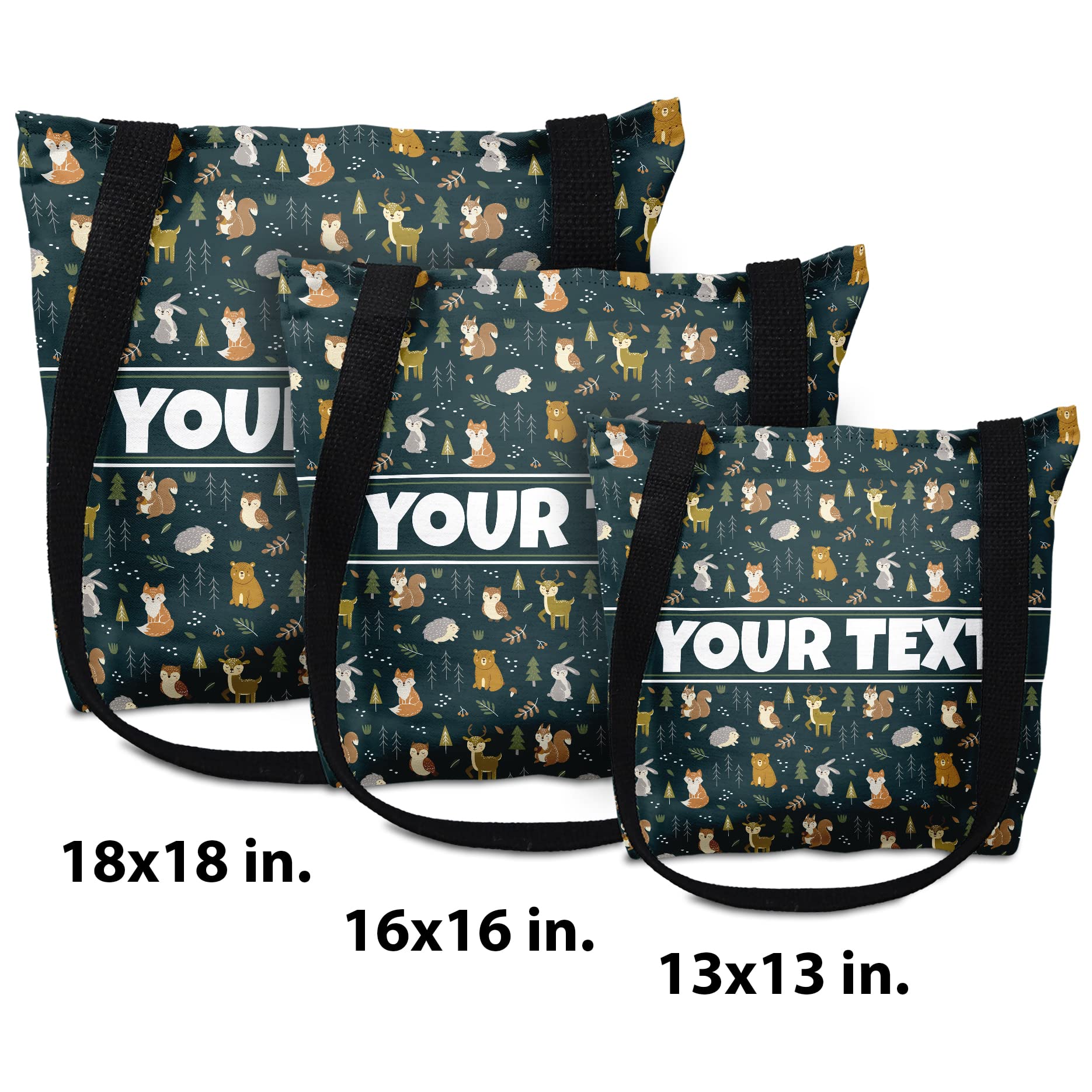 Personalized Tote Bag for Kids - Woodland Animals, Custom Name/Text, Reusable w/ Straps, Canvas Cloth Fabric, Customized Gift Idea for Boys/Girls/Children, Birthday/Christmas/Holiday Present, 13x13"
