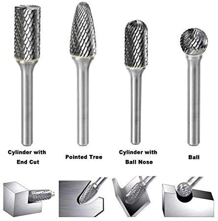 YUFUTOL Carbide Burr Set with 1/4''(6.35mm) Shank 8pcs Double Cut Solid Carbide Rotary Burr Set for Die Grinder Drill, Metal Wood Carving, Engraving,Polishing,Drilling