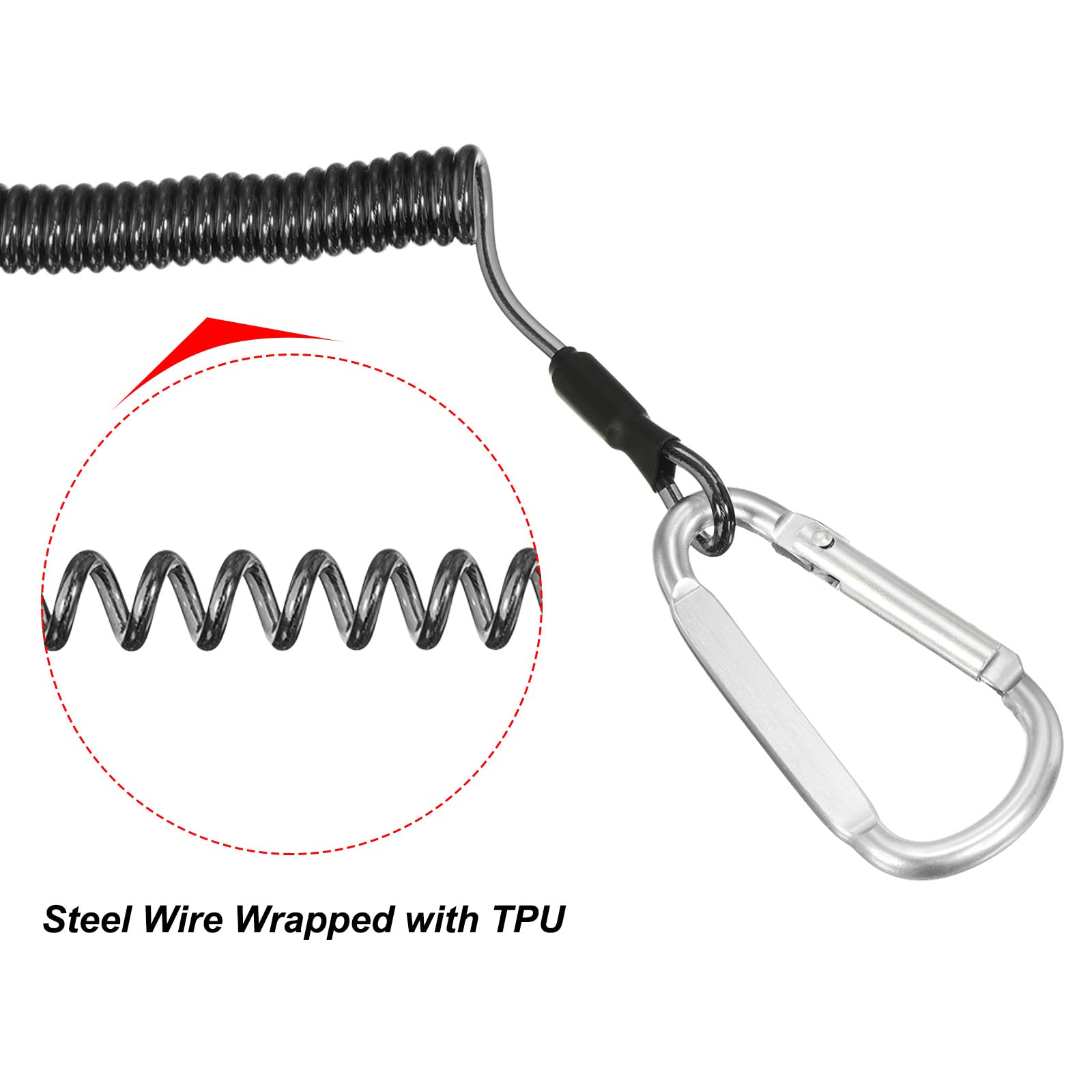 PATIKIL 8.9ft Fishing Tool Lanyard, 2 Pack Safety Cord Spiral Lanyard Tether Retractable with Blue Metal Clip Keychain for Boating Kayak, Clear Black