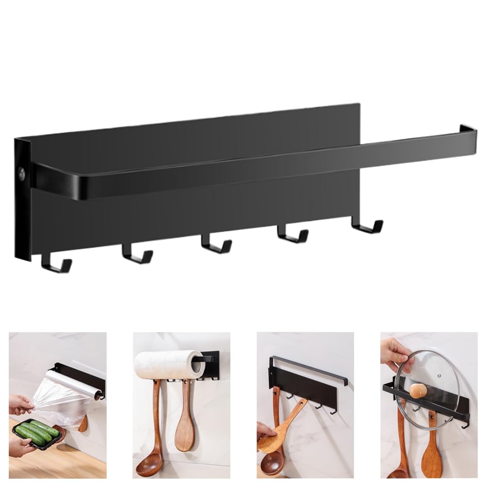 Magnetic Paper Towel Holder for Refrigerator with 5 Hooks, Retractable Kitchen Towel Rack with Strong Magnet,Black Magnetic Towel Holder for Refrigerator,Grill,Kitchen,Fridge,Garage