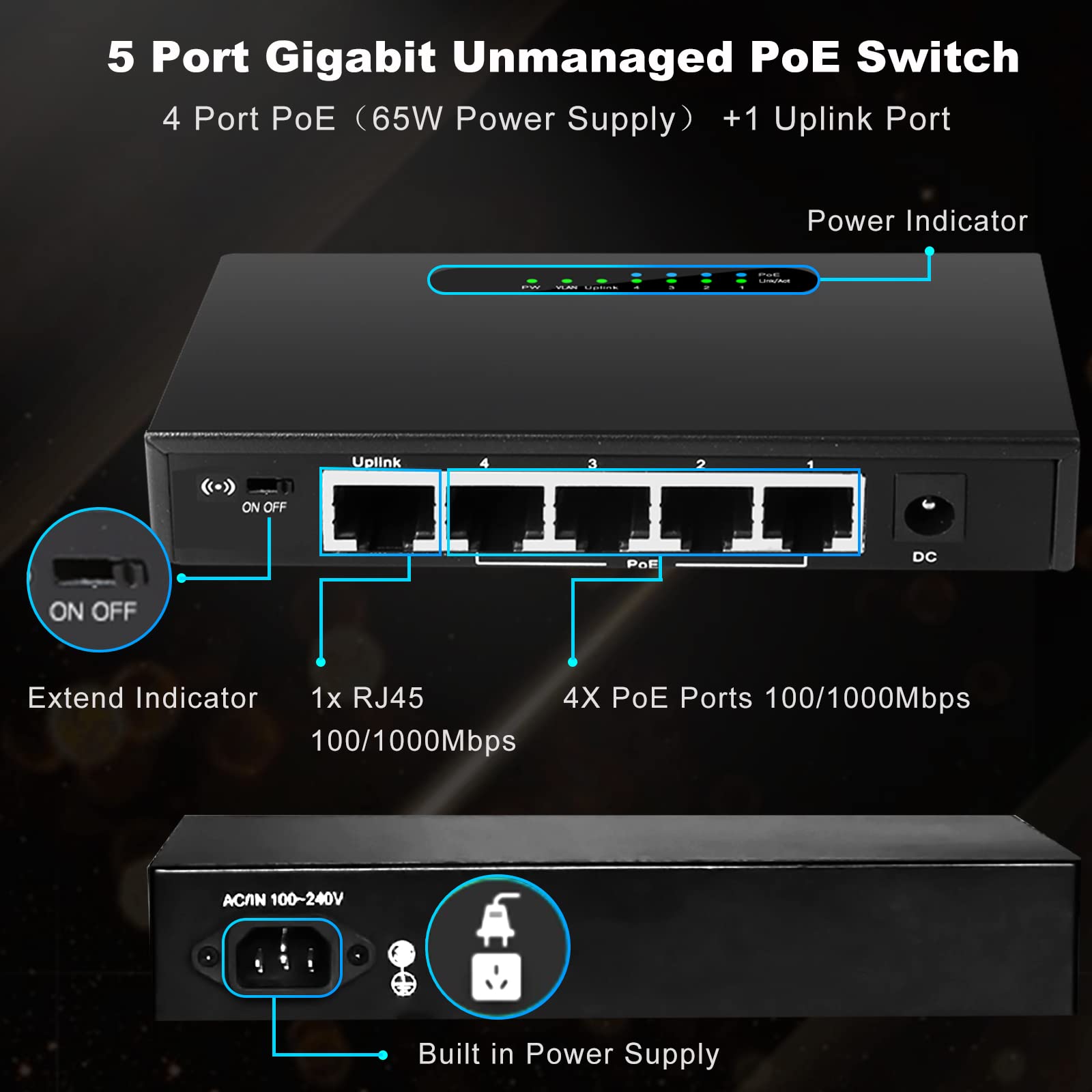 TeinenRon Gigabit POE Switch 5 Port Ethetnet Network Switch Unmanaged Ethernet Spiltter | 4 PoE Port 65W | Plug & Play | Sturdy Metal | Fanless | Limited Lifetime Protection | Traffic Optimization