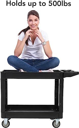 Service Cart 2-Shelf, Storage Handle, 500 lbs Capacity, for Warehouse/Garage/Cleaning/Manufacturing,45"X25"
