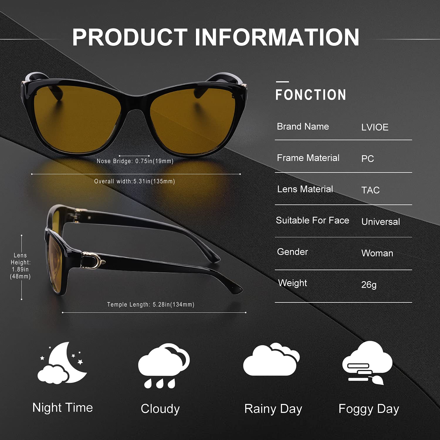 LVIOE Night Driving Glasses for Women with Polarized Anti Glare Yellow Lens, Classic Designer Sun Glasses UV Protection
