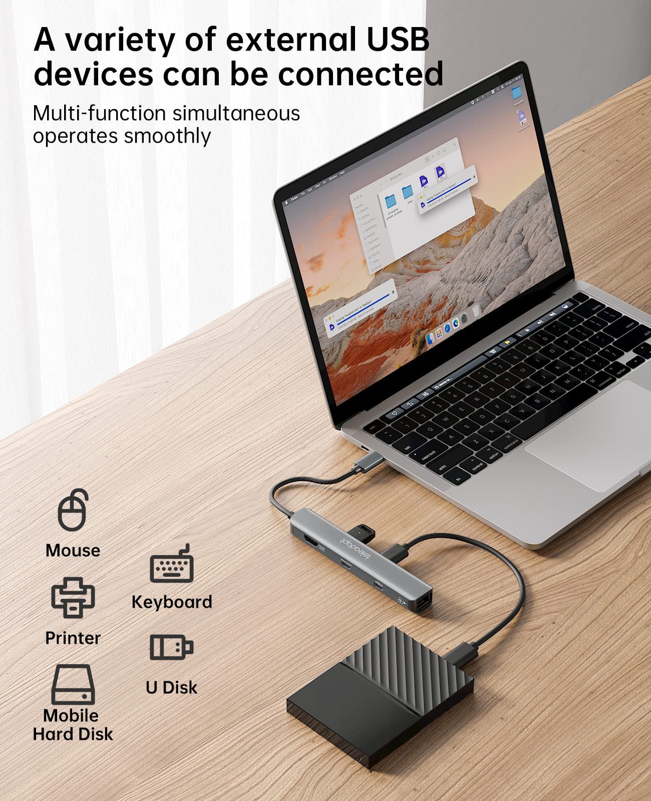 Teleadapt USB Type C Hub, 6-in-1 USB C HDMI Adapter with Ethernet, 5Gbps USB Type-C Data, 2 USB 3.0, USB Hub Power Delivery 100W Ideal for MacBook Pro/Air, iPad Pro, Dell XPS