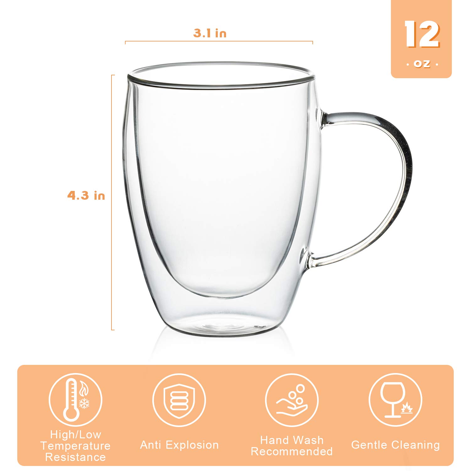 MEWAY 12oz/6 pack Coffee Mugs,Clear Glass Double Wall Cup with handle for Coffee, Tea, Latte, Cappuccino (12 oz,6)