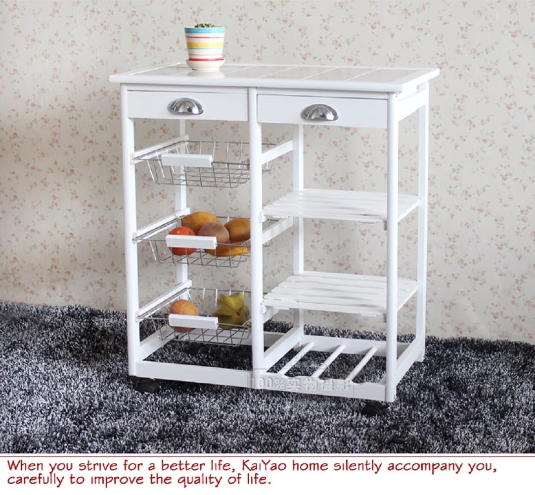 Kitchen Island Cart on Wheels,3 Tiers Rolling Utility Trolley Cart with 2 Drawers,Basket & Storage Shelf,Rolling Kitchen Island,Coffee Bar Microwave Stand Cart with Rolling Wheels for Kitchen(White)