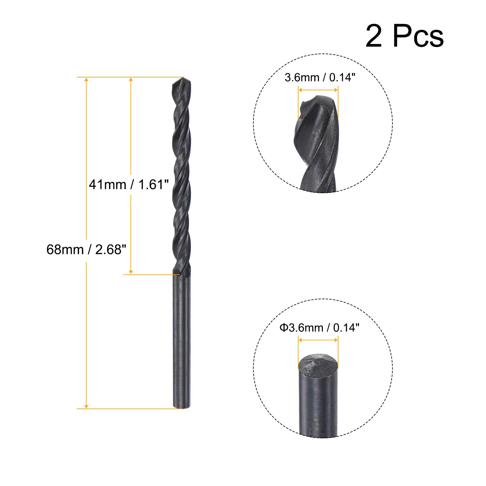 uxcell 6542 High Speed Steel Straight Shank Twist Jobber Drill Bit, Fully Ground Black Oxide Drill Bits 3.6mm Drill Diameter 68mm Total Length 2 Pcs