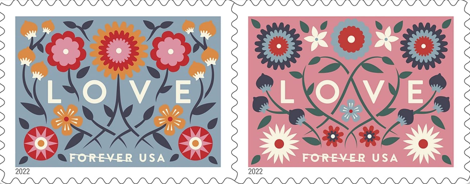 Love 2022 Forever First Class Postage Stamps - Valentine, Wedding, Celebration, Anniversary, Romance, Party - 2 Sheets, 40 Stamps