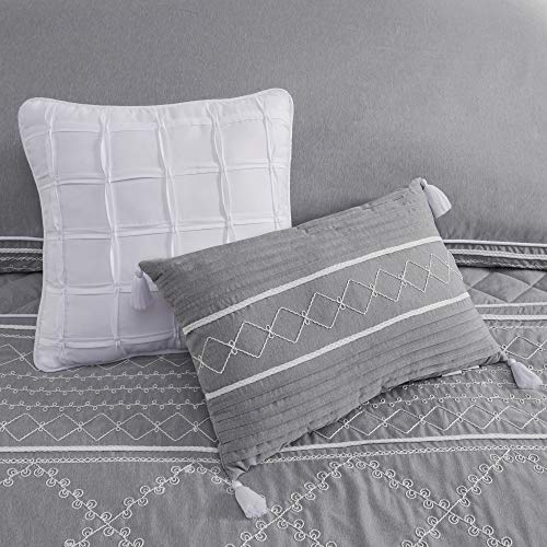 Madison Park Comforter Set, Embroidered Textured Heatherd Print All Season Down Alternative Cozy Bedding with Matching Shams, Decorative Pillow, King (104 in x 92 in), Kailee, Embroidery Grey 5 Piece