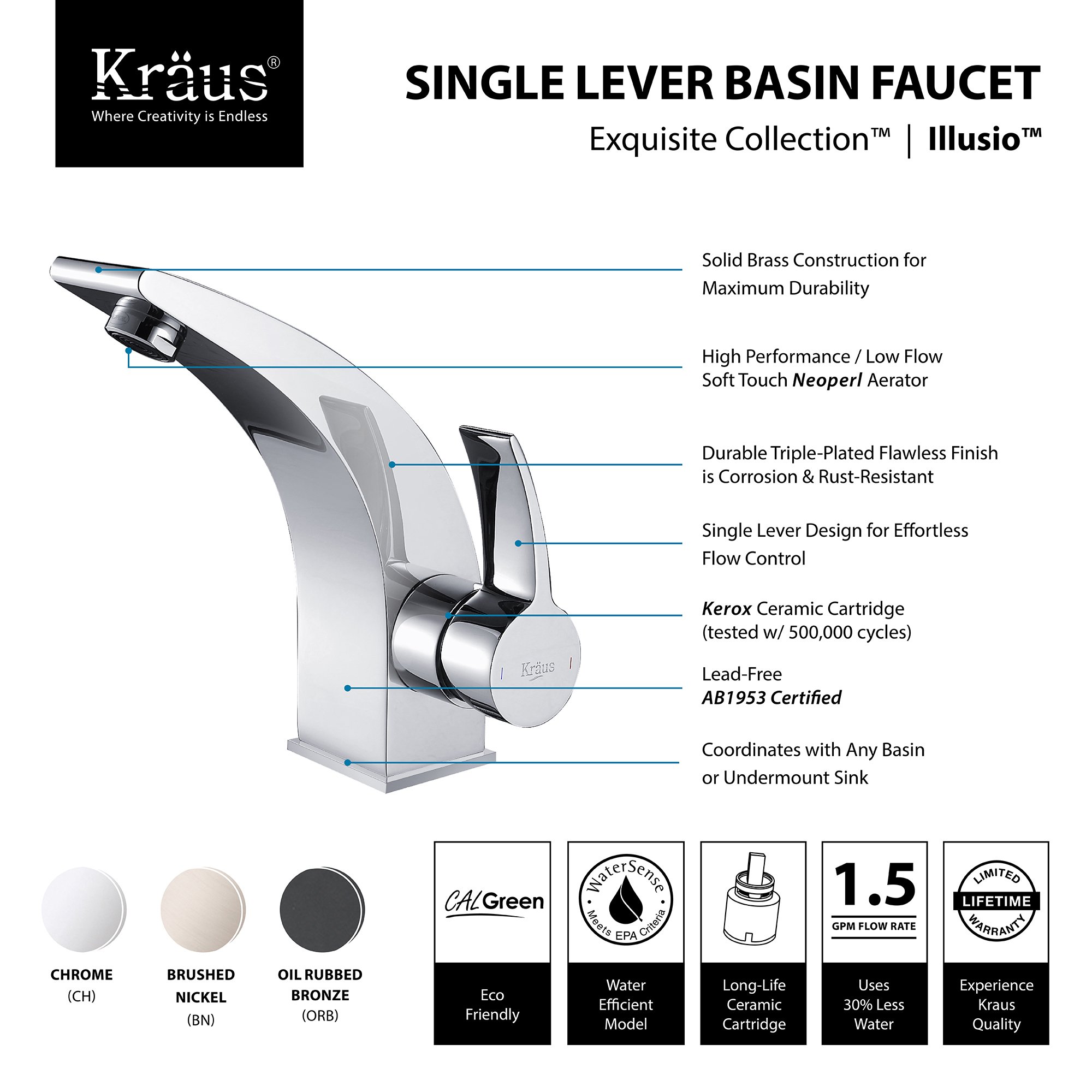 Kraus KEF-14701BN Illusio Single Lever Basin Bathroom Faucet Brushed Nickel