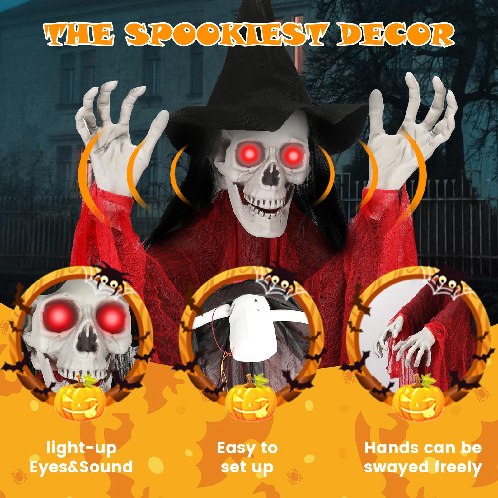 Lemon Legend Hallowen Decorations Outdoor - 78” Moving Life-Size Skeleton Witch with Glowing Eyes & Chilling Sounds - Sound & Touch Activated Sensor - Animatronic Scary Props Decor for Halloween