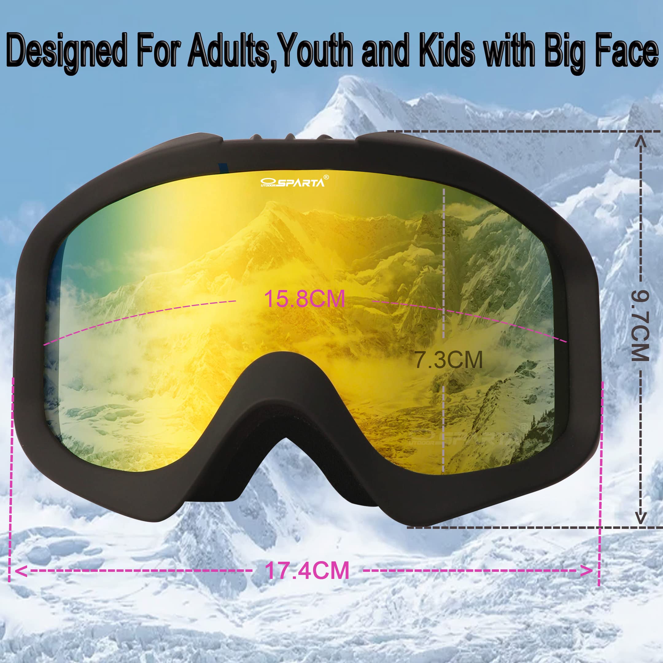 OUTDOOR SPARTA Snow Sports Goggles Ski Goggles Snowboarding Goggles (1. Black Frame, Full Lens Revo Gold Coating)