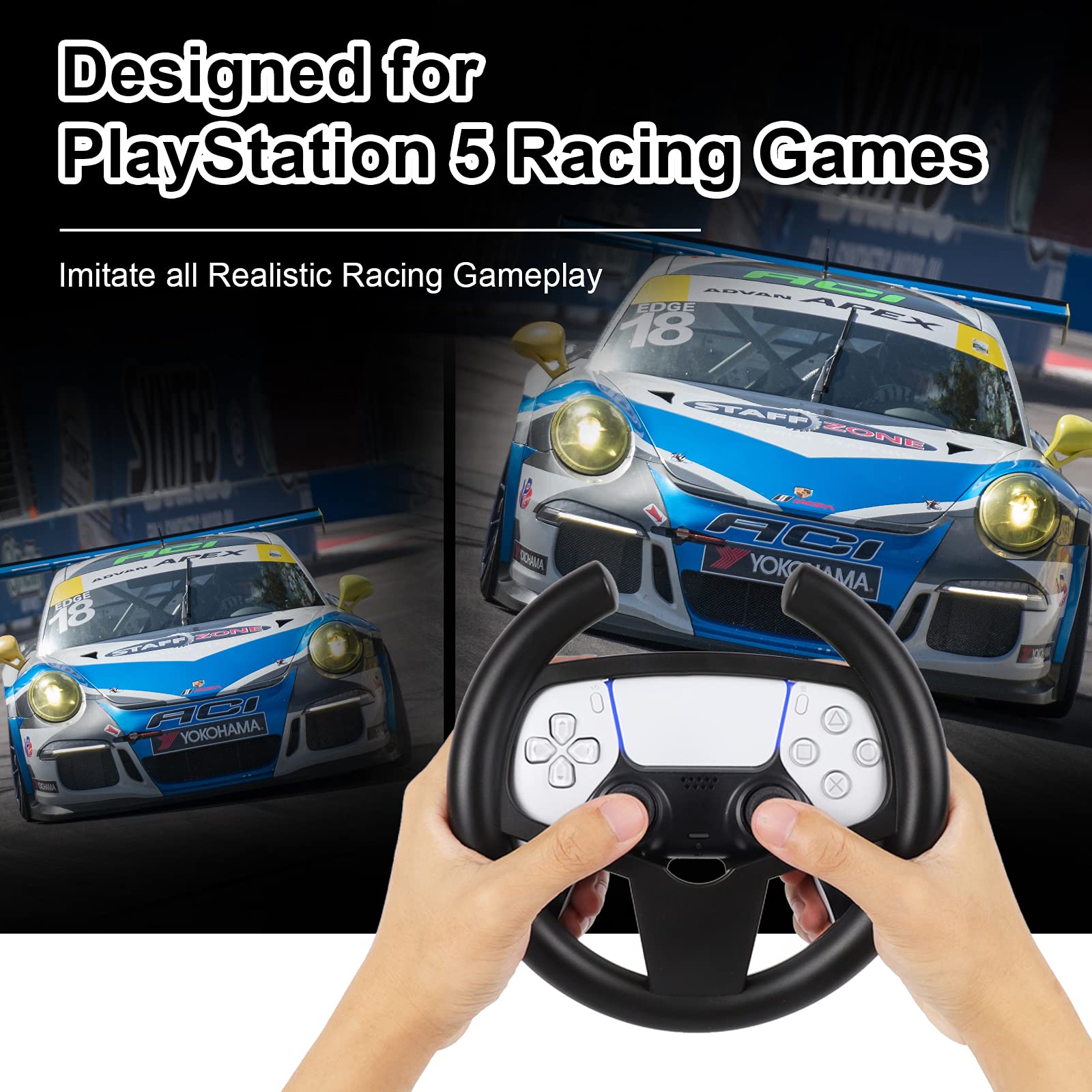 PowerLead PS5 Controller Steering Wheel, Game Steering Wheel, Playstation 5 Accessory, Works with PS5 Car Driving Video Game (Black)