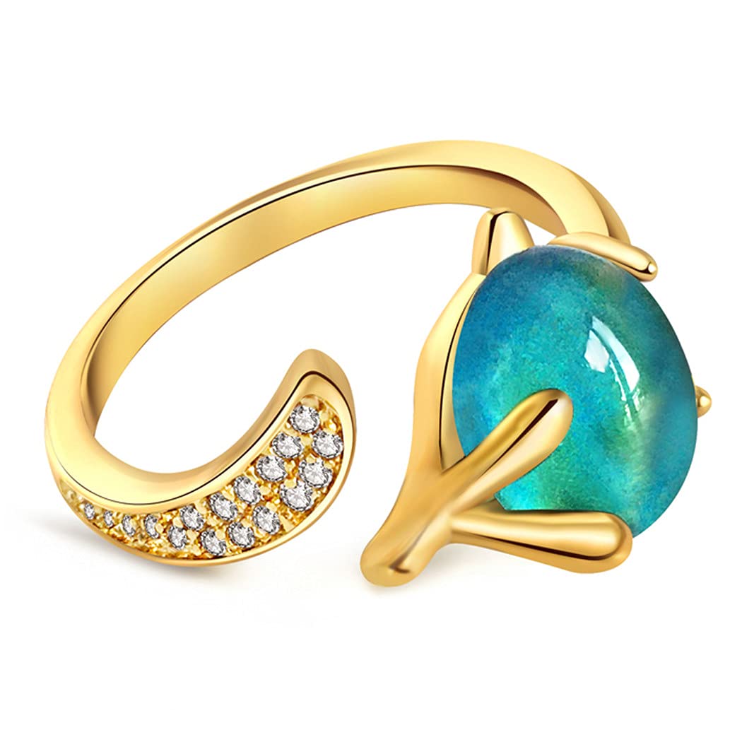 lwzsyap Adjustable Mood Ring,Emotional fox ring,Cute Creative Gold plated crystal gemstone color changing ring,Temperature-Control Finger Ring,Animal fox tail open ring, Gift for Kids Child Women Girls