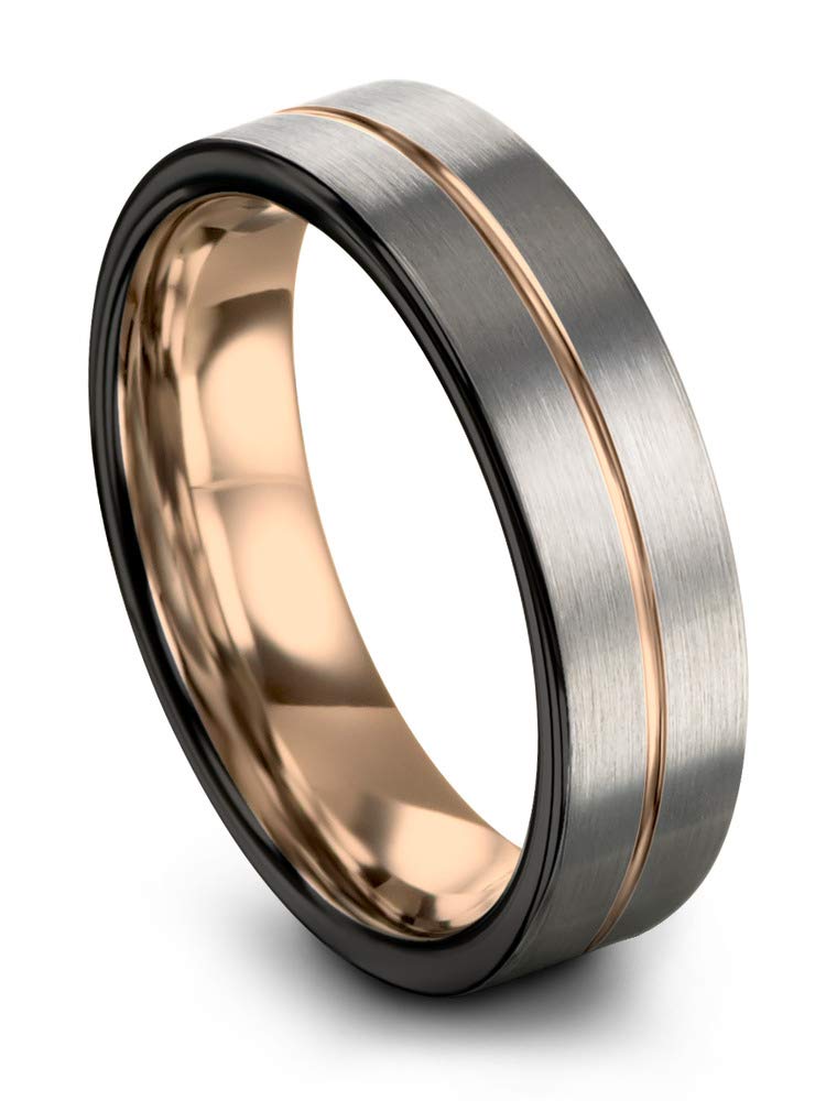 Midnight Rose Collection Tungsten Wedding Band Ring 6mm for Men Women 18k Rose Gold Plated Flat Cut Center Line Black Grey Brushed Polished Size 8.5