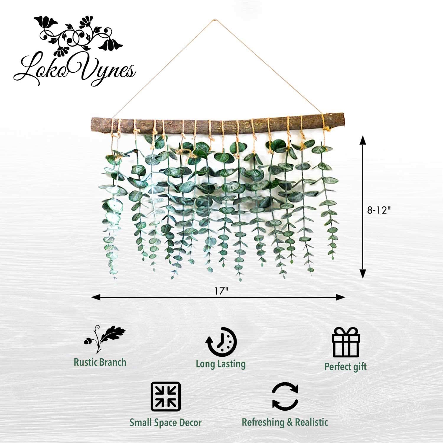 LokoVynes Artificial Eucalyptus Wall Decor - Wall Hanging Eucalyptus Greenery Gives Any Room a Natural, Trendy, Modern Feel - Boho Bedroom Decorations, Bathroom Wall Decor, Kitchen Decorations