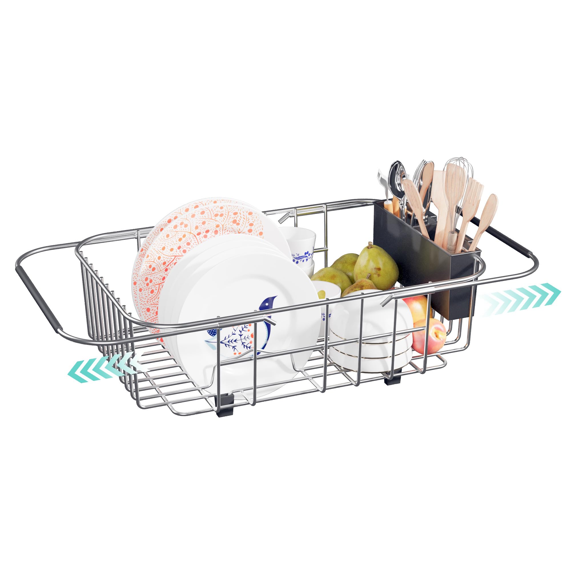 jkxoo Expandable Dish Drying Rack, Adjustable Over The Sink Dish Drying Rack with Black Utensil Storage Holder, 304 Stainless Steel Dish Racks for Kitchen Counter in Sink or On Counter