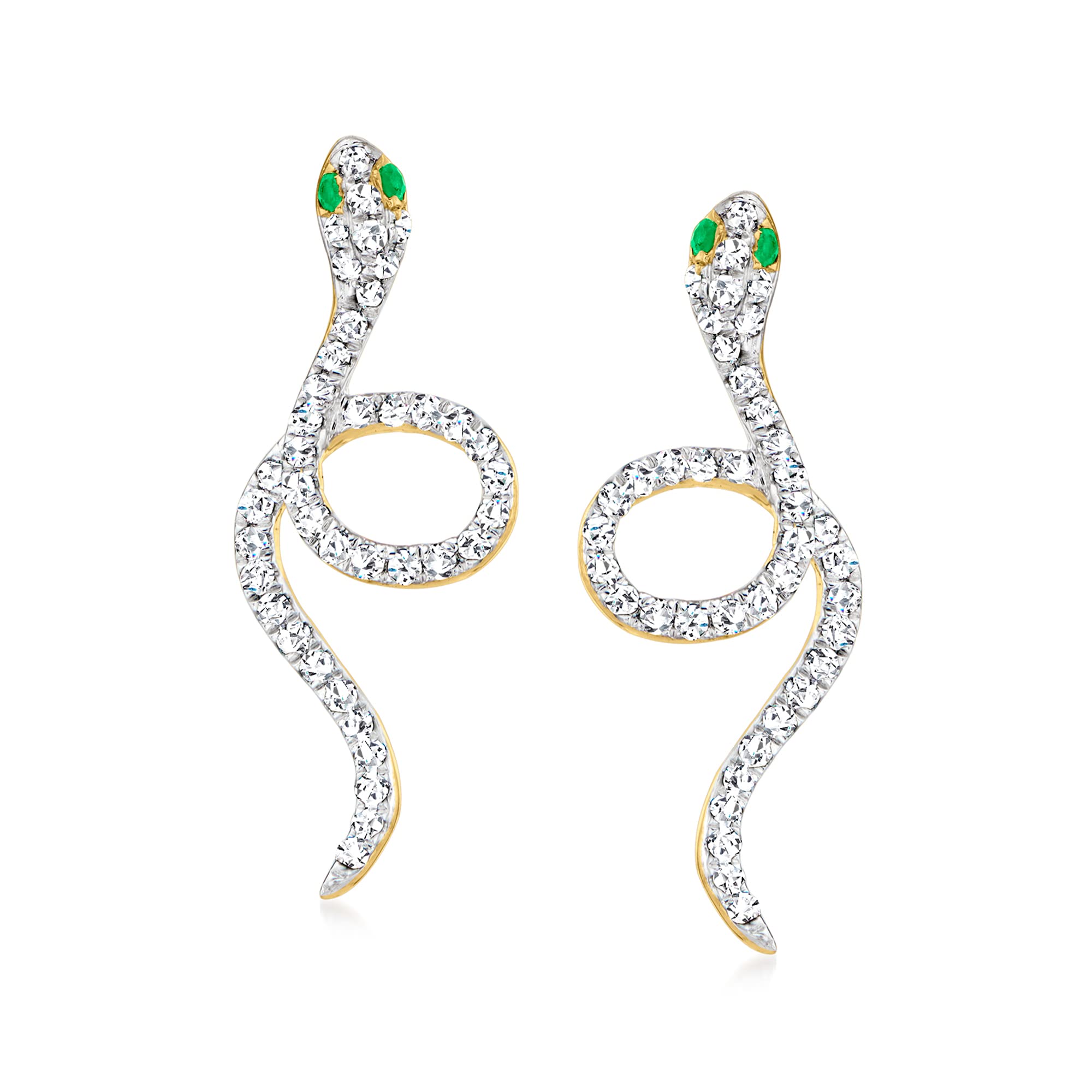 Ross-Simons 0.18 ct. t.w. Diamond Snake Earrings With Emerald Accents in 18kt Gold Over Sterling
