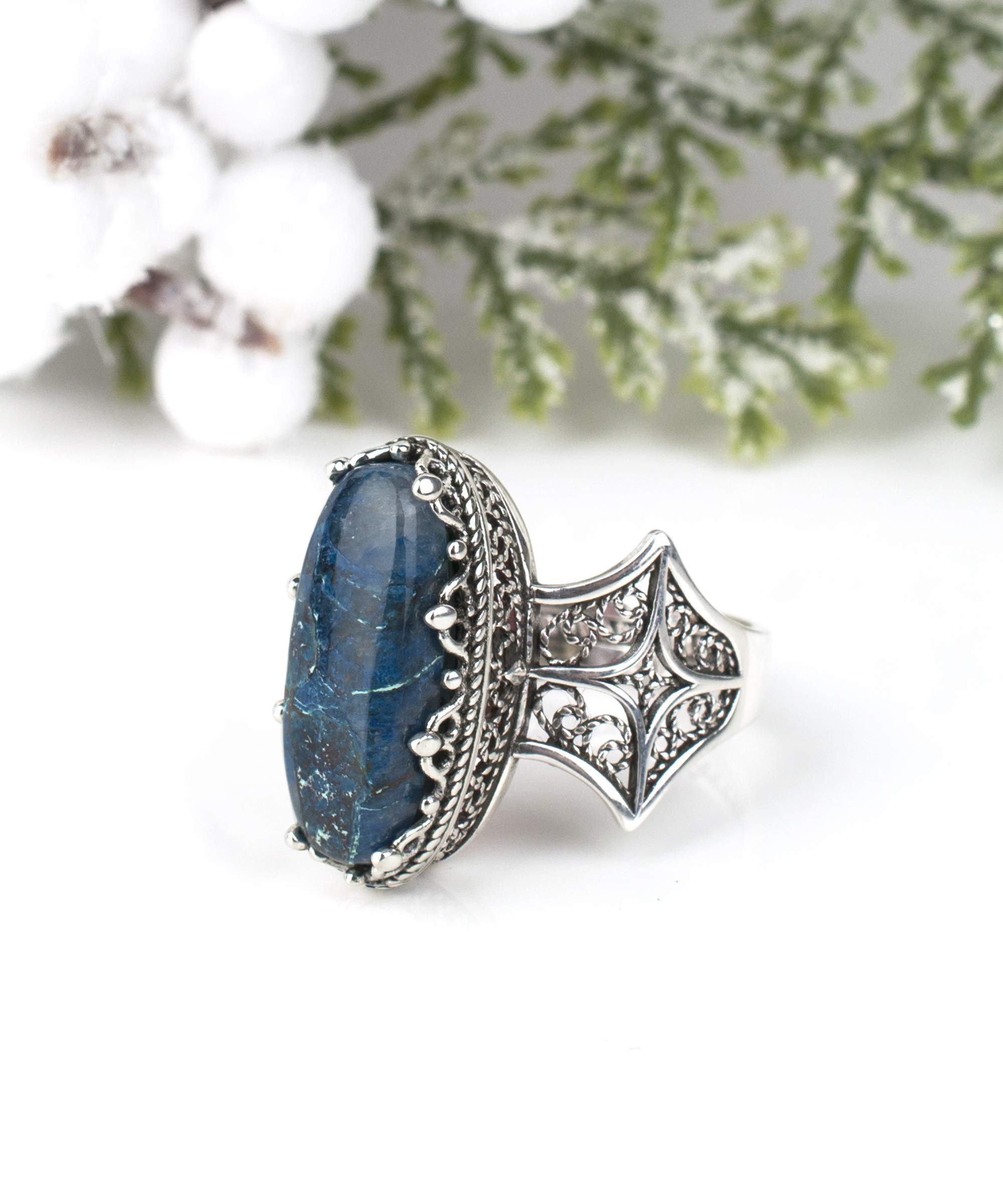 Ottoman Silver Collection 925 Sterling Silver Filigree Style Dainty Queen`s Crown Genuine Carnelian/Chrysocolla Gemstone Ring Special Selection for You and Your Precious (6.5, chrysocolla)
