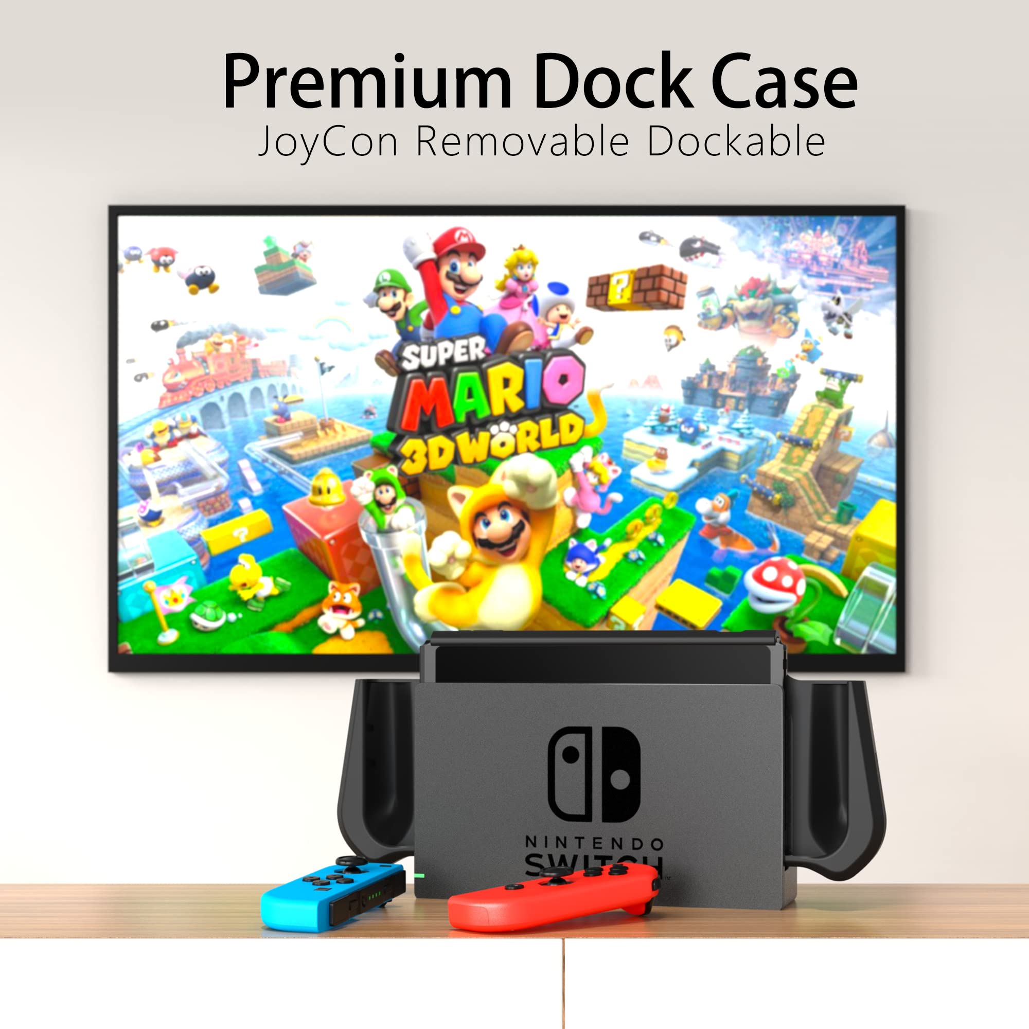 LEYUSMART Switch Case (Ergonomic/Full Protection/Shock-Absorption/Anti-Scratch) Gift Glass Screen Protector & Thumb Caps, Nintendo Switch Case Black
