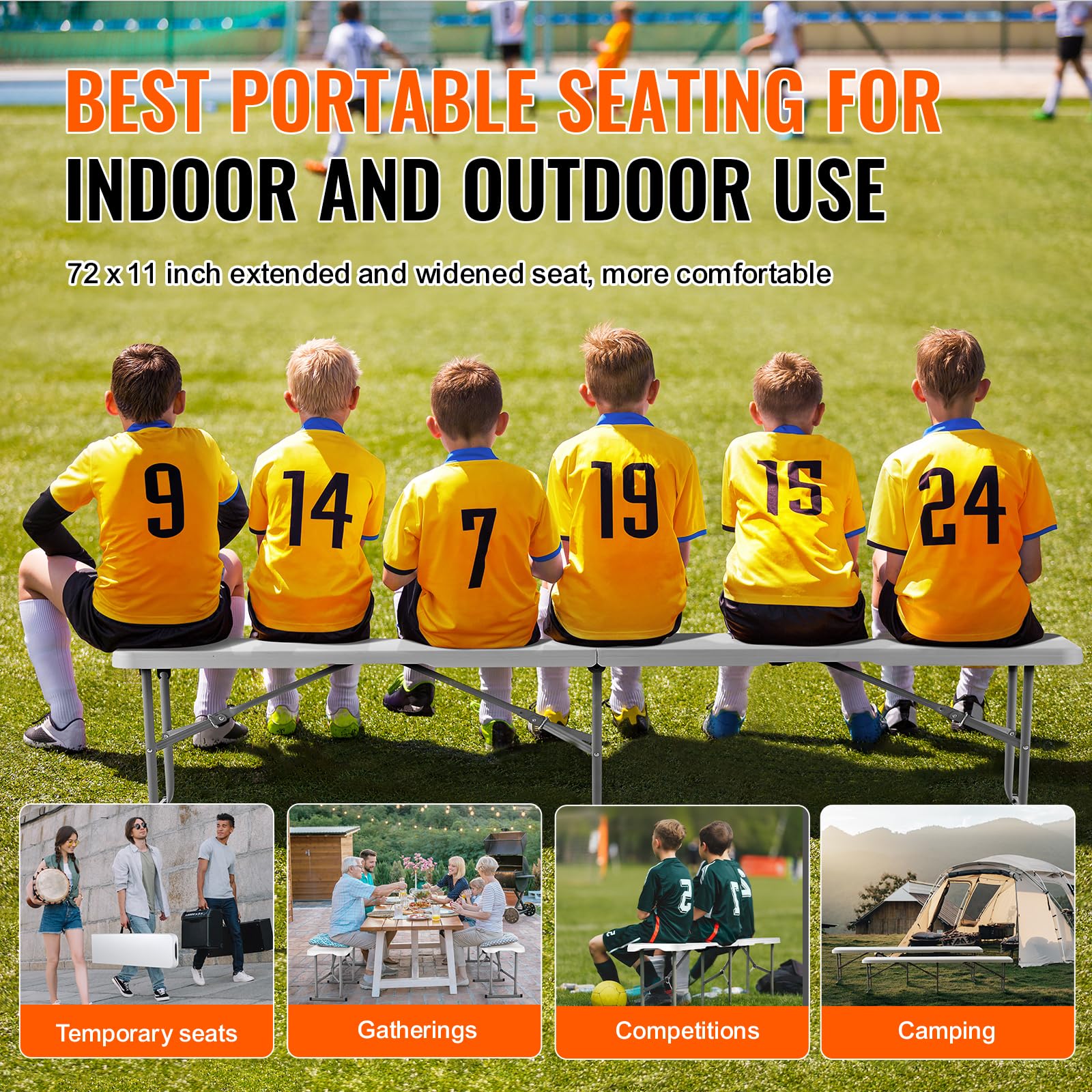 VEVOR Plastic Folding Bench, 6 FT Portable Folding Bench, Smooth HDPE Waterproof Outdoor Bench, Picnic Camping Dining Seat with Carrying Handle, for Garden Soccer Entertaining Activity, White (2 Pack)