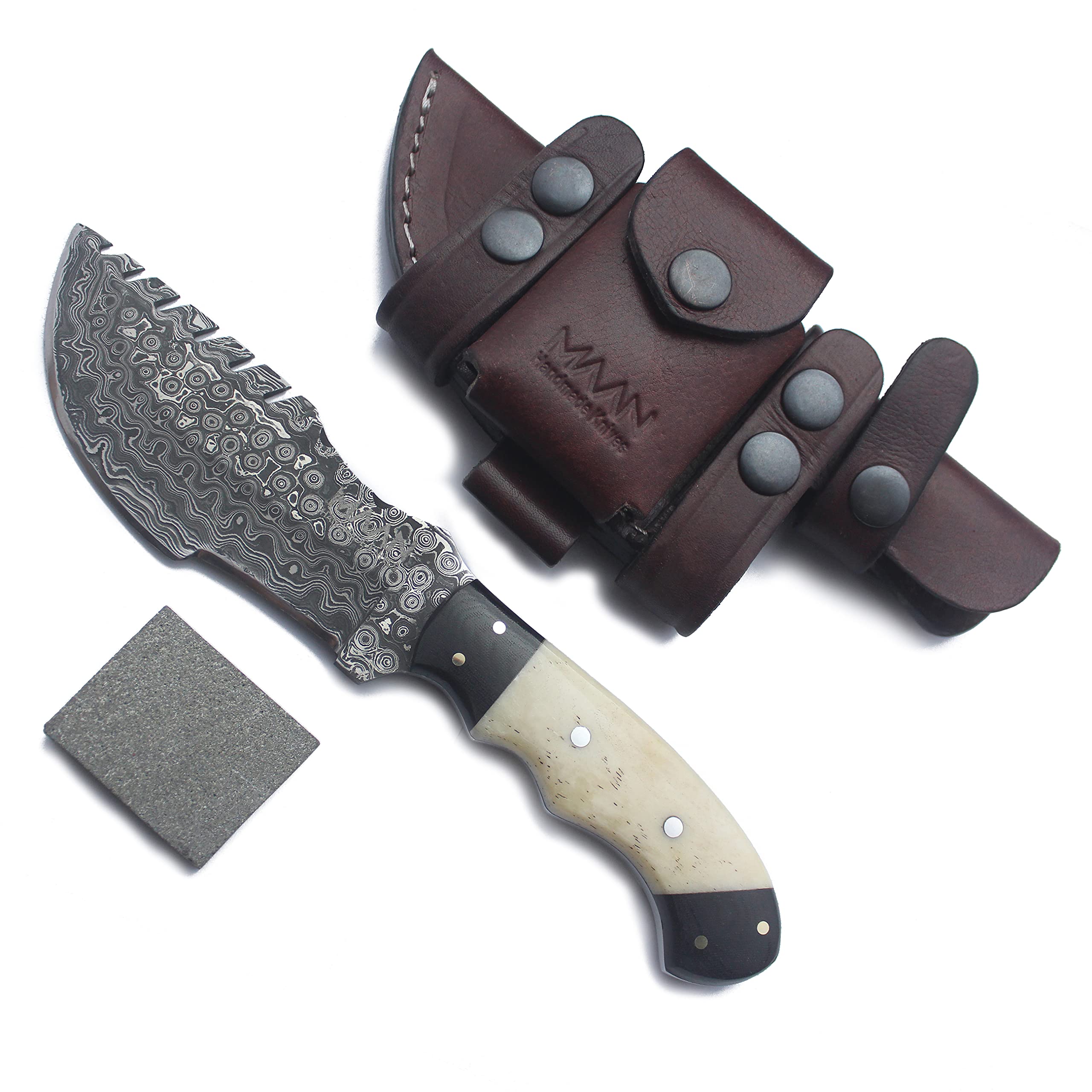 MAAN Handmade Damascus Tracker Knife Survival, Hunting, Tactical and Camping - Damascus Steel Tracker Knife - Right Hand Scout Carry Leather Sheath MNK 295 (Bone Handle)