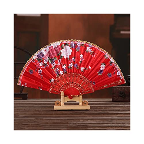 PBLCYUT Style Hand Held Folding Dance Fan Wedding Party Lace Silk Folding Hand Held Flower Fan Summer Wedding Fan Party (Color : Purple)