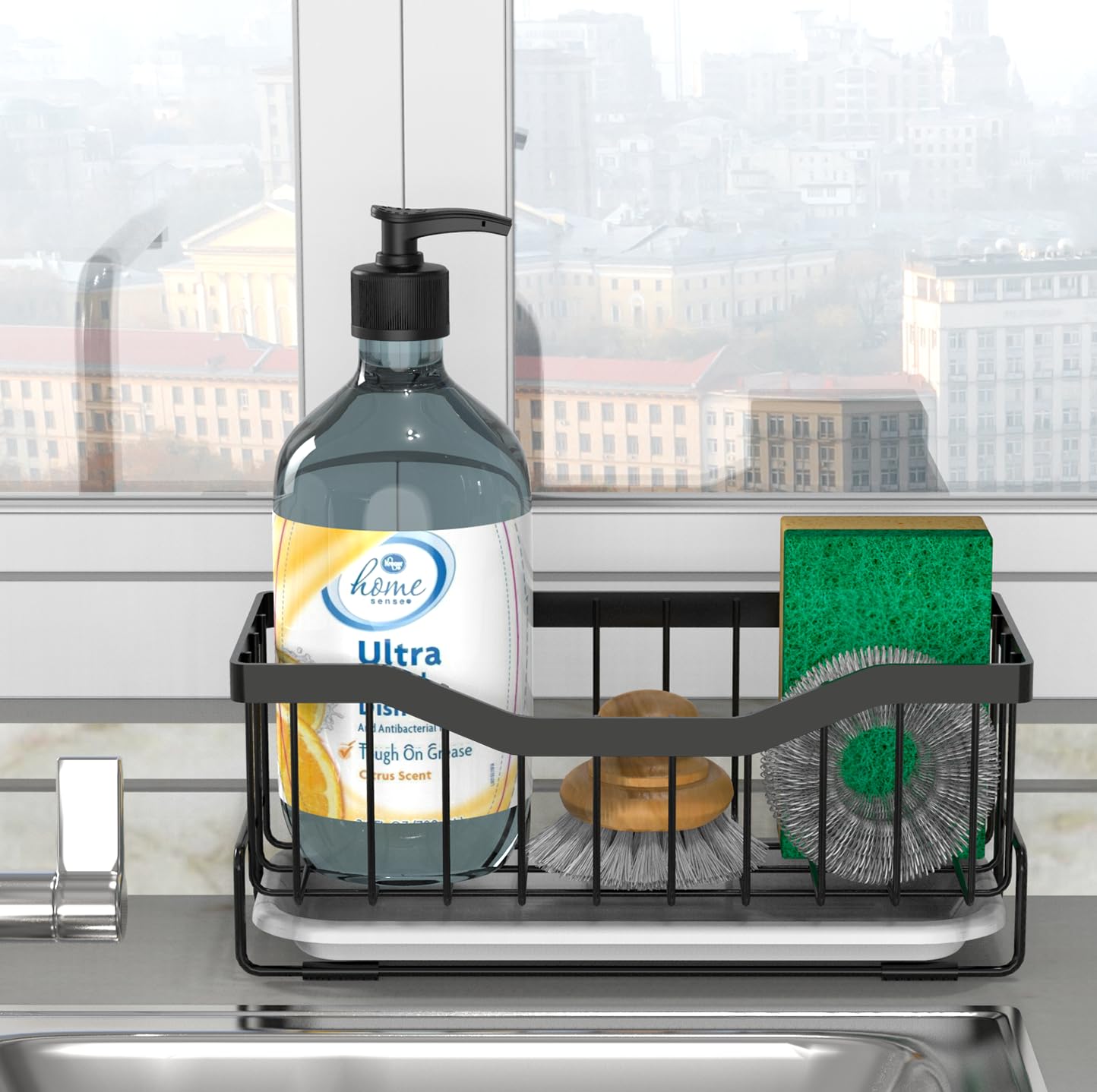 Maifan Kitchen Sink Caddy Sink Organizer, Sponge Caddy Holder for Kitchen Sink, Stainless Steel Rustproof Dish Kitchen Caddy Brush Holder with Drain Tray for Kitchen Countertop Storage Gadgets