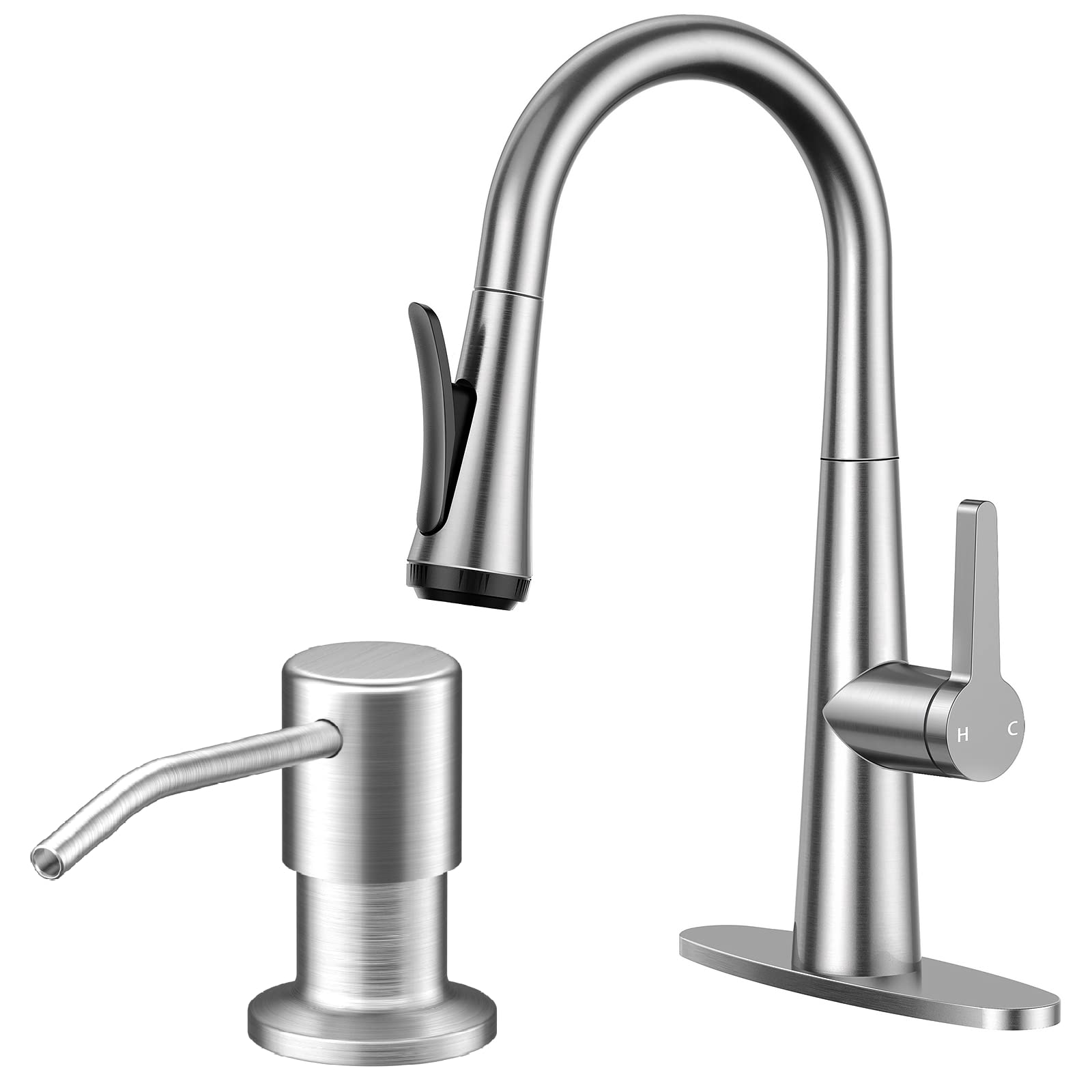 Kitchen Sink Faucet, LEPO Kitchen Faucets with Pull Down Sprayer and Sink Soap Dispenser Brushed Nickel, 4 Function High Arc Single Handle Faucets with Soap Dispenser for Kitchen Utility RV Bar