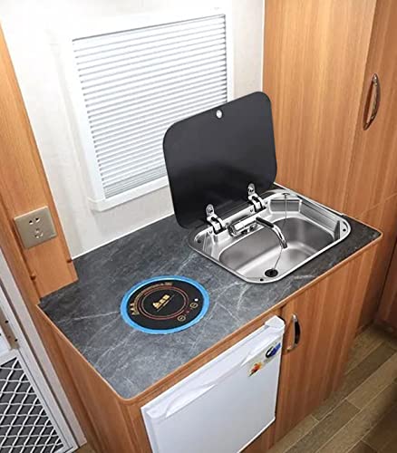 RV Sink Kitchen Bar Sink RV Stainless Steel Hand Wash Basin Sink with Folded Faucet Tempered Glass Lid Washbasin for Camper, Trailer, Caravan, RV, Home, Cafe, Bar, Boat