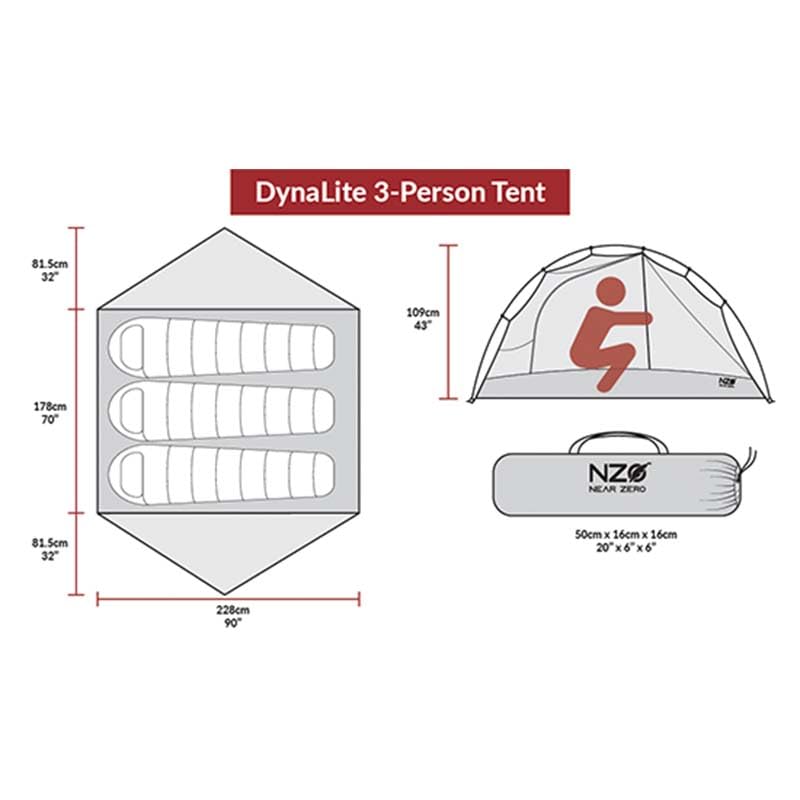 Near Zero 3 Person Ultralight Backpacking Tent, 2 Door, 20D Ripstop Waterproof Sealed Nylon, Freestanding, Rainfly, 3 Season, with Lightweight Aluminum Frame. Easy Setup System