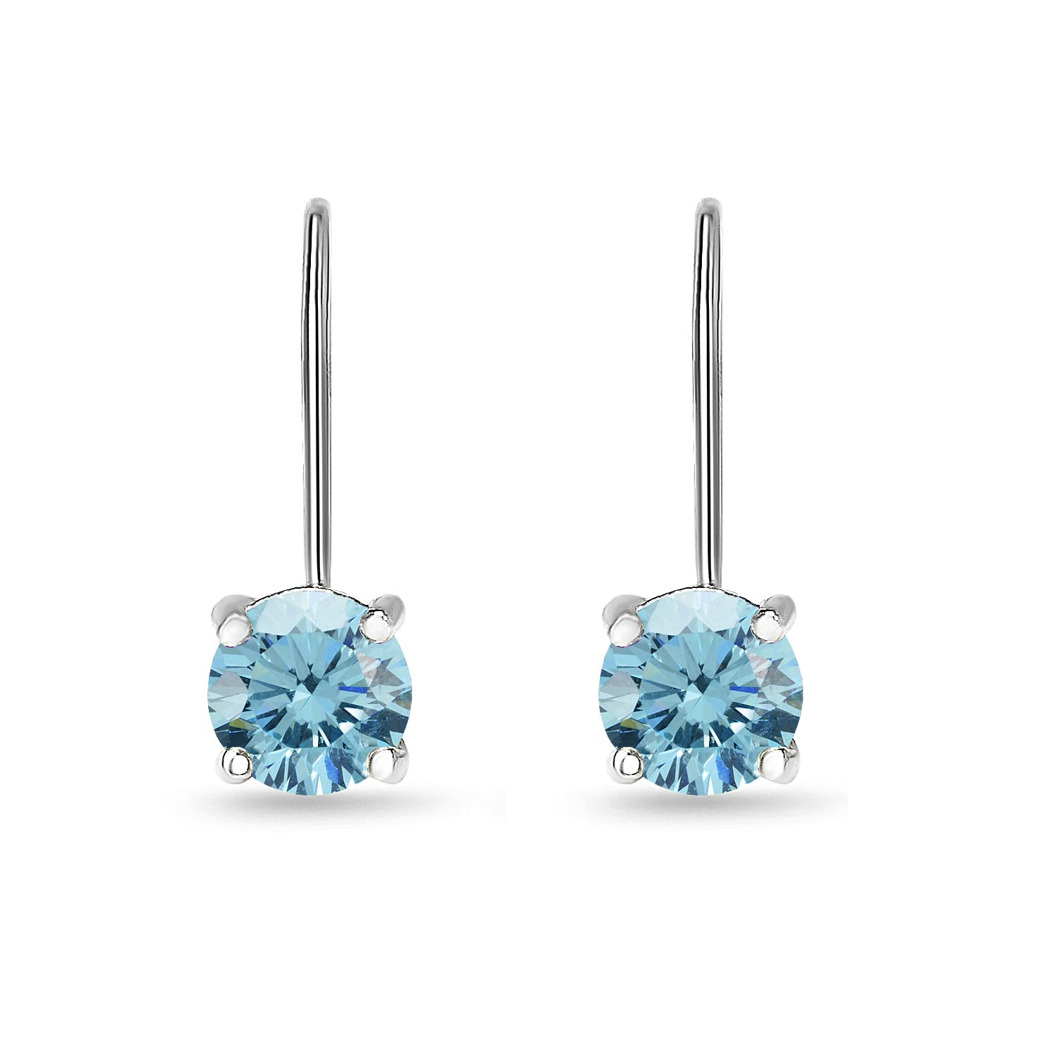 Leverback Earrings for Women Sterling Silver Light Blue Crystal Round-cut Drop Earring for Bridesmaids