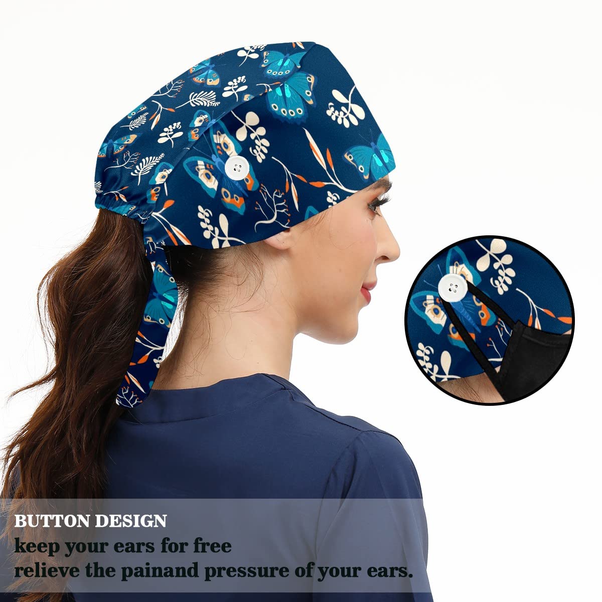 Printed Working Cap Flower Butterfly Grass Insect Plant Blue Working Cap with Button and Sweatband Adjustable Tie Back Hat for Women Men
