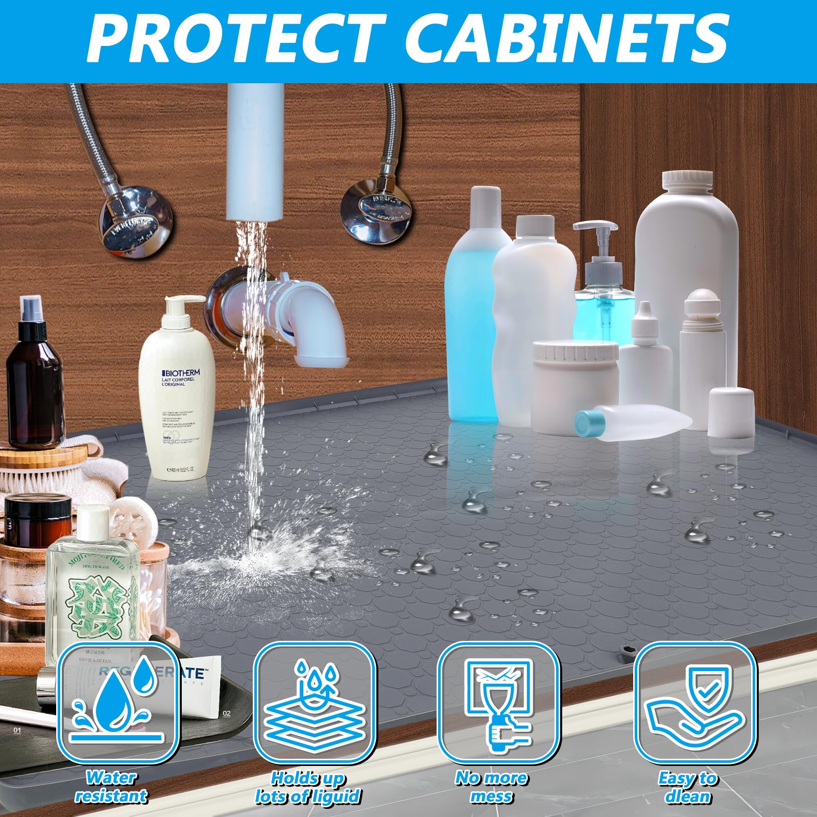 Under Sink Mat, 34" x 22" Waterproof Silicone Under Sink Tray for Kitchen & Laundry Cabinets, Kitchen Cabinet Shelf Protector,Fits 36 inch Standard Cabinet (Grey)