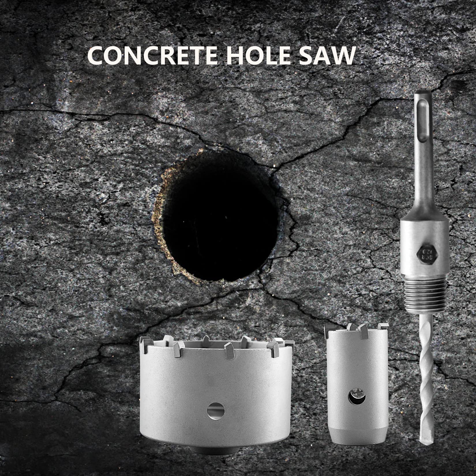 RVIQI 6PCS Concrete Hole Saw Set,Tungsten Steel SDS Plus Shank Masonry Wall Hole Opening Drill Bits for Brick, Concrete, Cement Stone