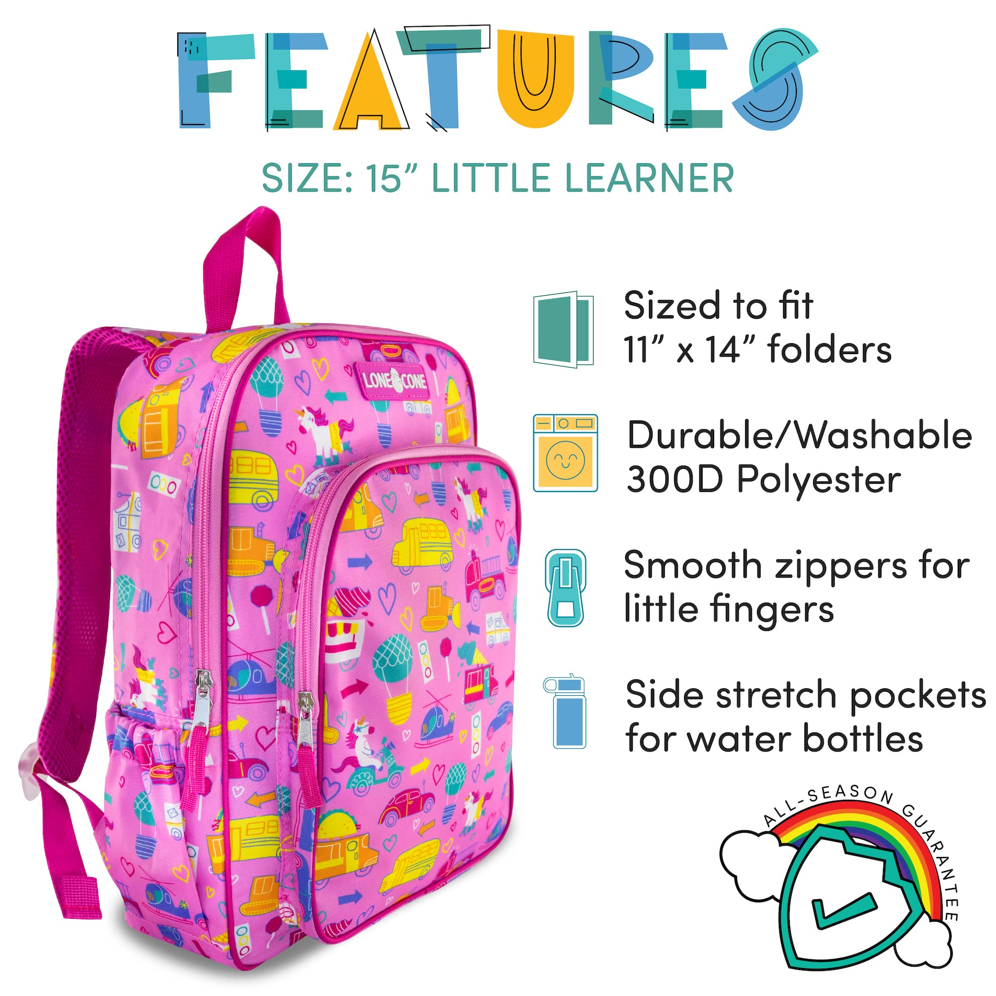 Lone Cone School Kids Backpacks for Girls & Boys- Kindergarten & Elementary cute Toddler Backpack for Girls & Boys - Preschool Grades 1-3, Little Learner 15" tall | Construction Monsters