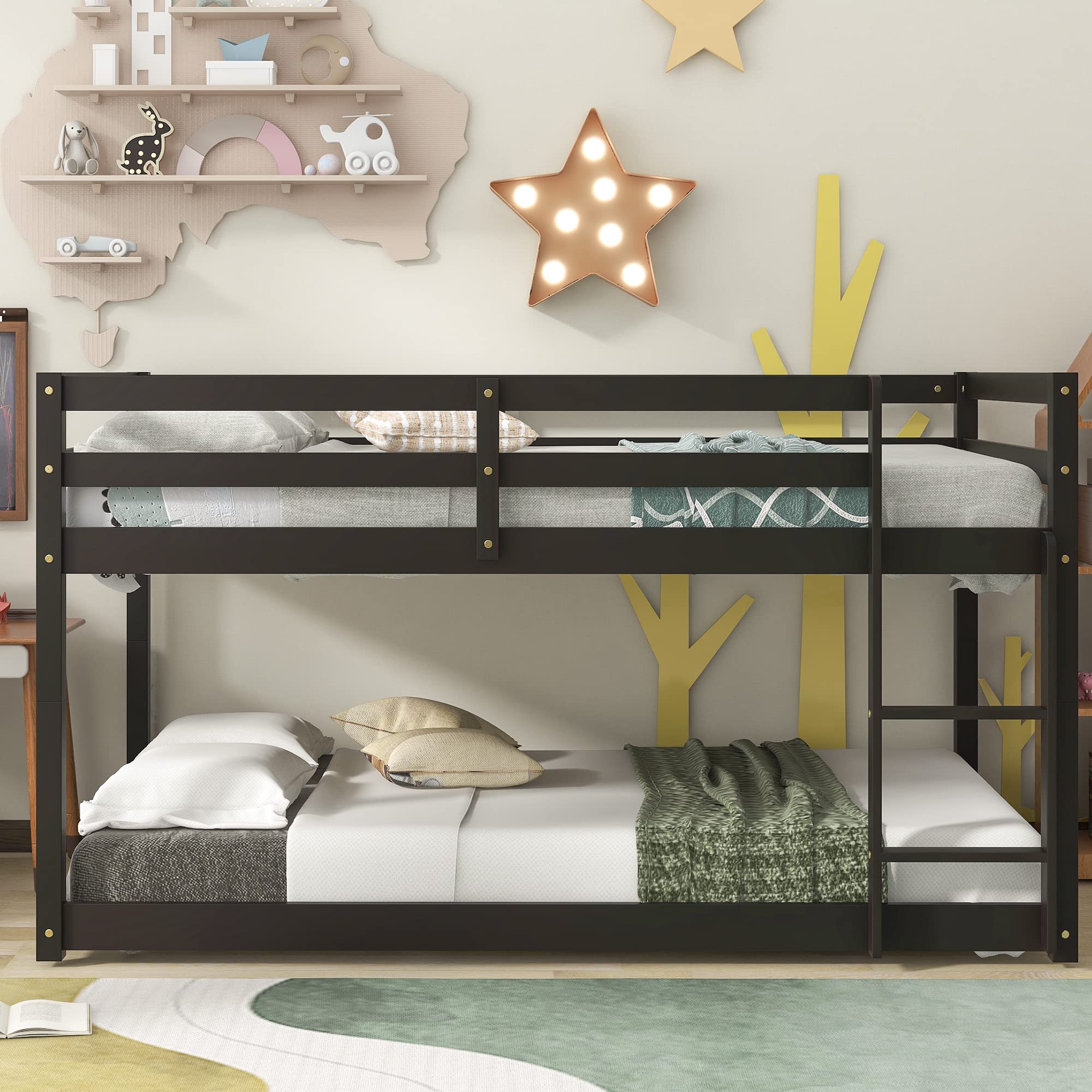VilroCaz Twin Over Twin Floor Bunk Bed, Solid Wood Low Bunk Bed Frame with Built-in Ladder for Kids Teens Boys Girls, Strong Wood Slats Support (Espresso-K3)