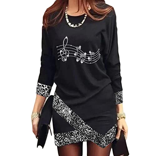 Pinkpaopao Irregular Hem Loose Dress for Women Patchwork Long Sleeve Mini Dress Rhinestone Pattern O Neck Shift Dress