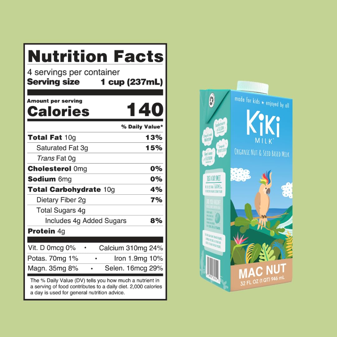 Kiki Milk Plant Based Milk - Organic Mac Nut Seed Based Milk - Calcium & Magnesium Source - Gluten Free, Gum Free, GMO Free, Dairy Free, Soy Free, Glyphosate Free - Shelf Stable - (32 oz • Pack of 6)