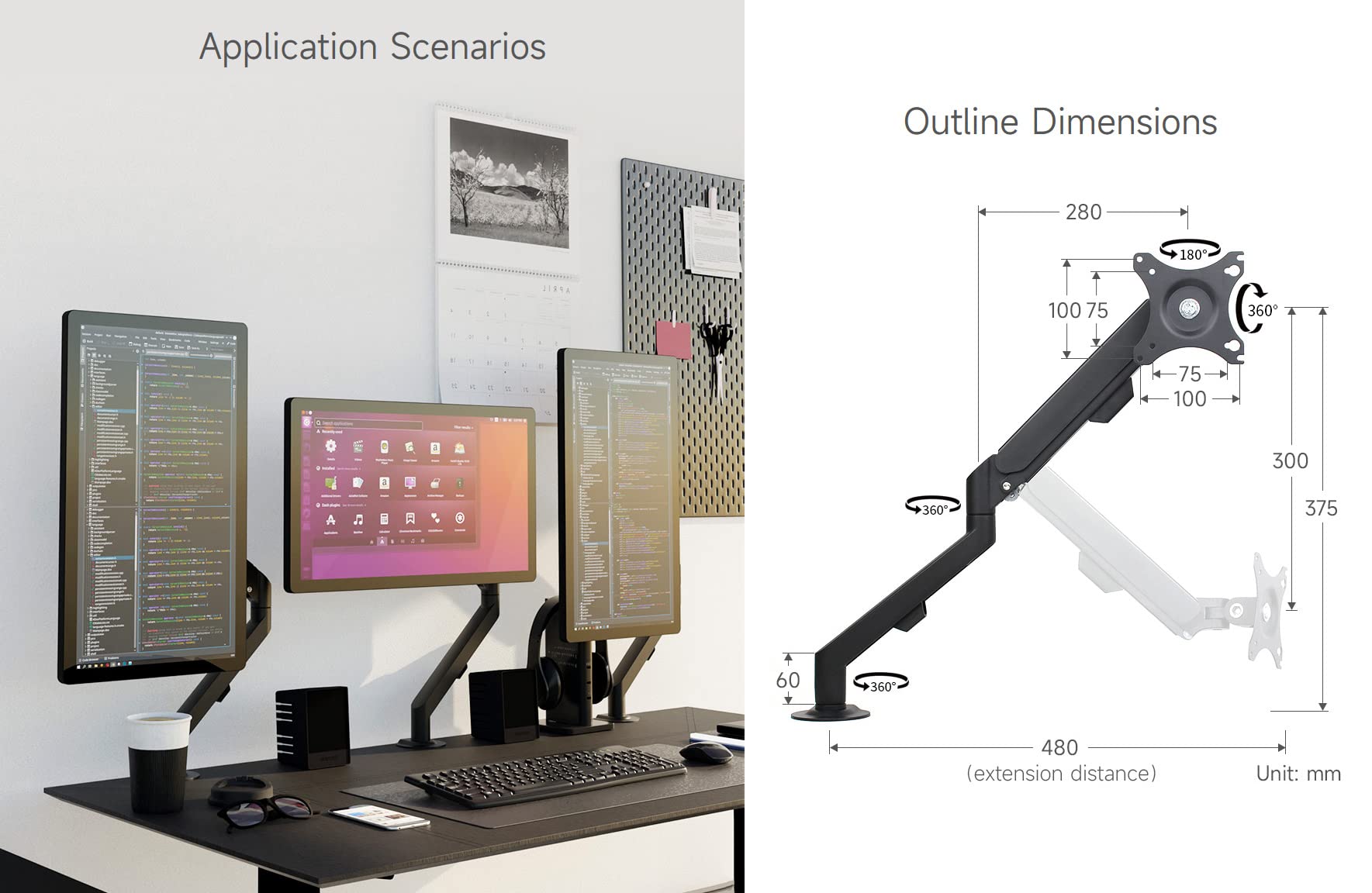 Waveshare Gas Spring Monitor Arm for 17~30 Inch Display Monitor, Height Adjustment, Supports Multi-Angle Rotation and Expansion