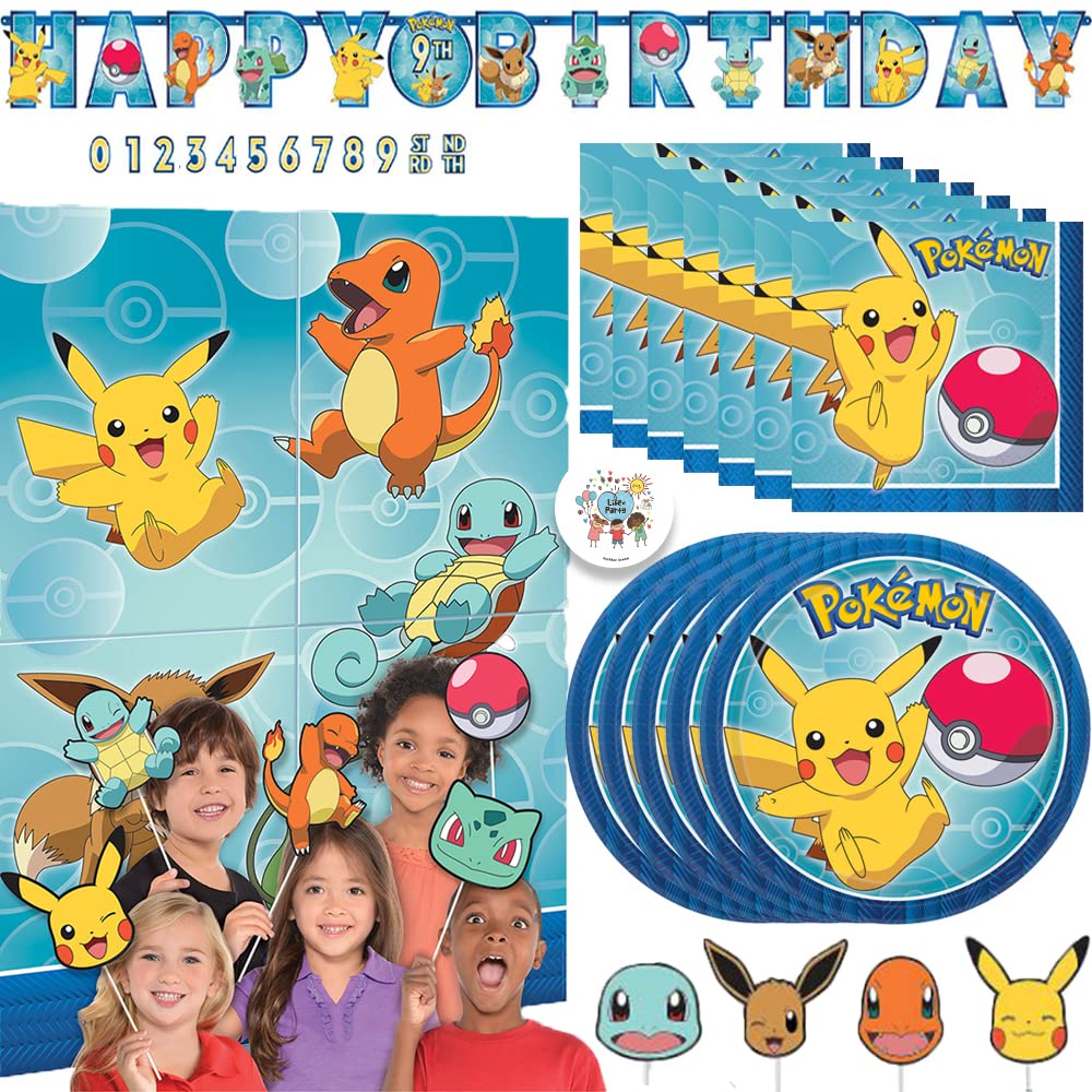 Pokemon Party Supplies with Tableware, Favors and Decoration (Scene Setter Pack with Birthday Banner and Tableware)