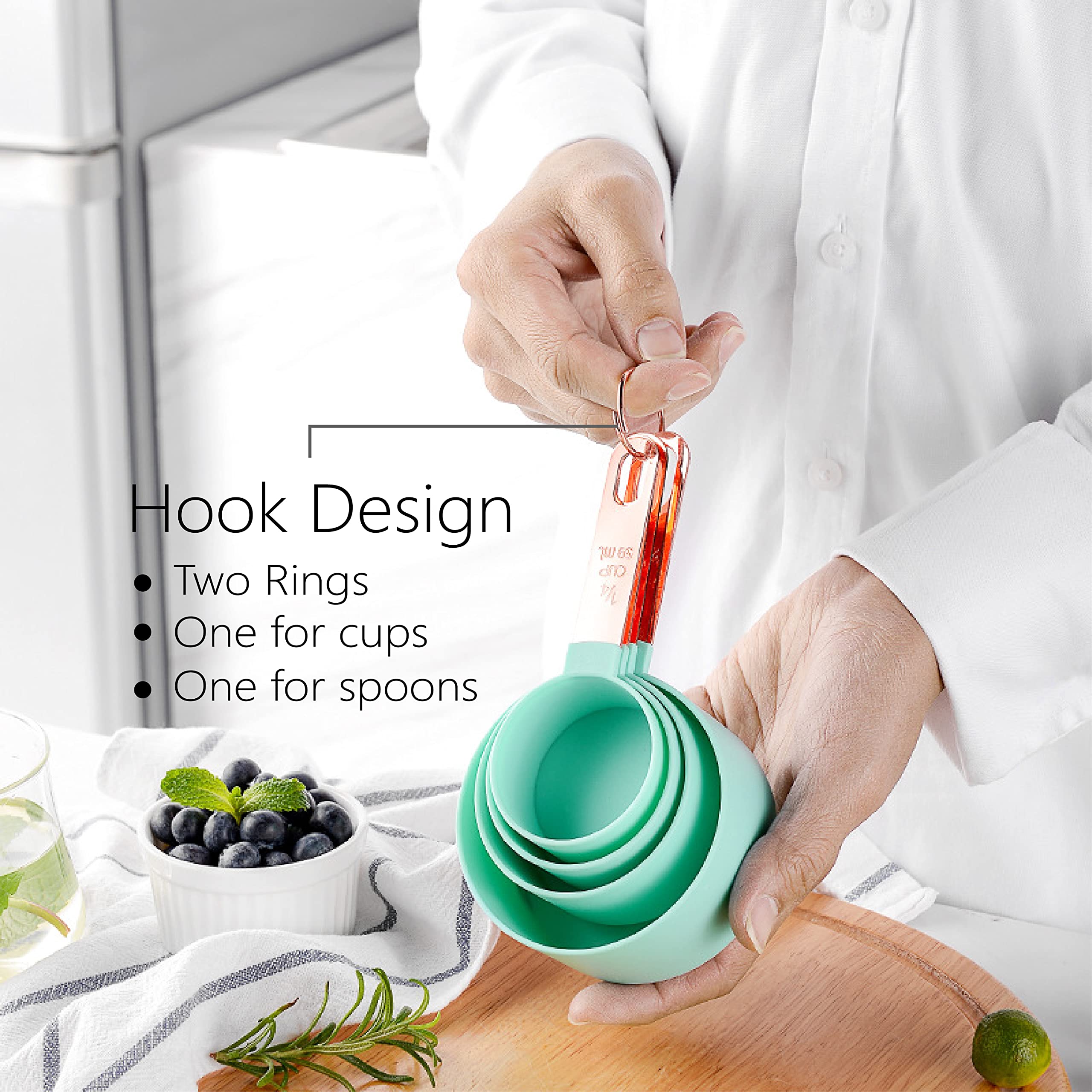 Rose Gold Stainless Steel Handle Measuring Cups and Spoons Set, 8 Piece Stackable Accurate Tablespoon for Measuring Dry and Liquid Ingredients Small Teaspoon with Plastic Head (Pink)
