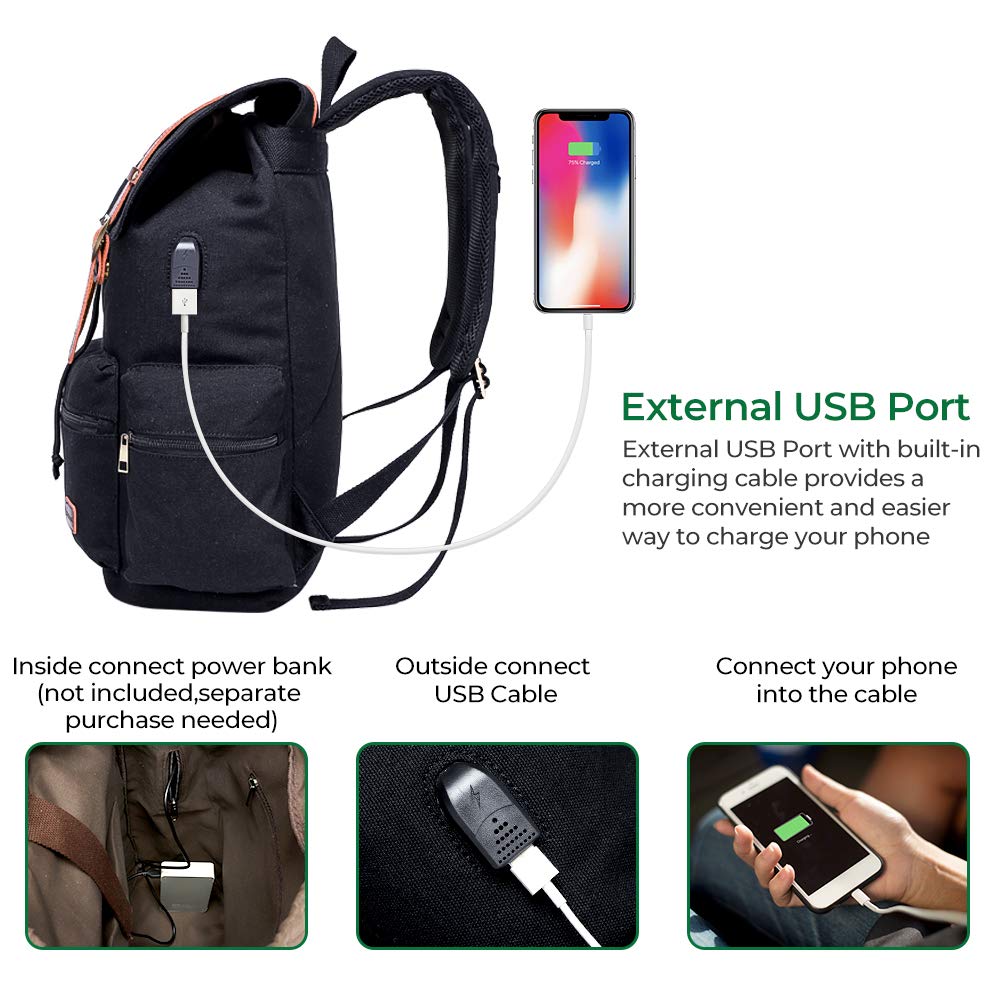 Modoker Mens Canvas Vintage Backpack for Men,Women, Travel Laptop Backpack Fits 17/15.6 Inch Computer & Tablet, Large Bookbag Rucksack Backpack with USB Charging Port, Black