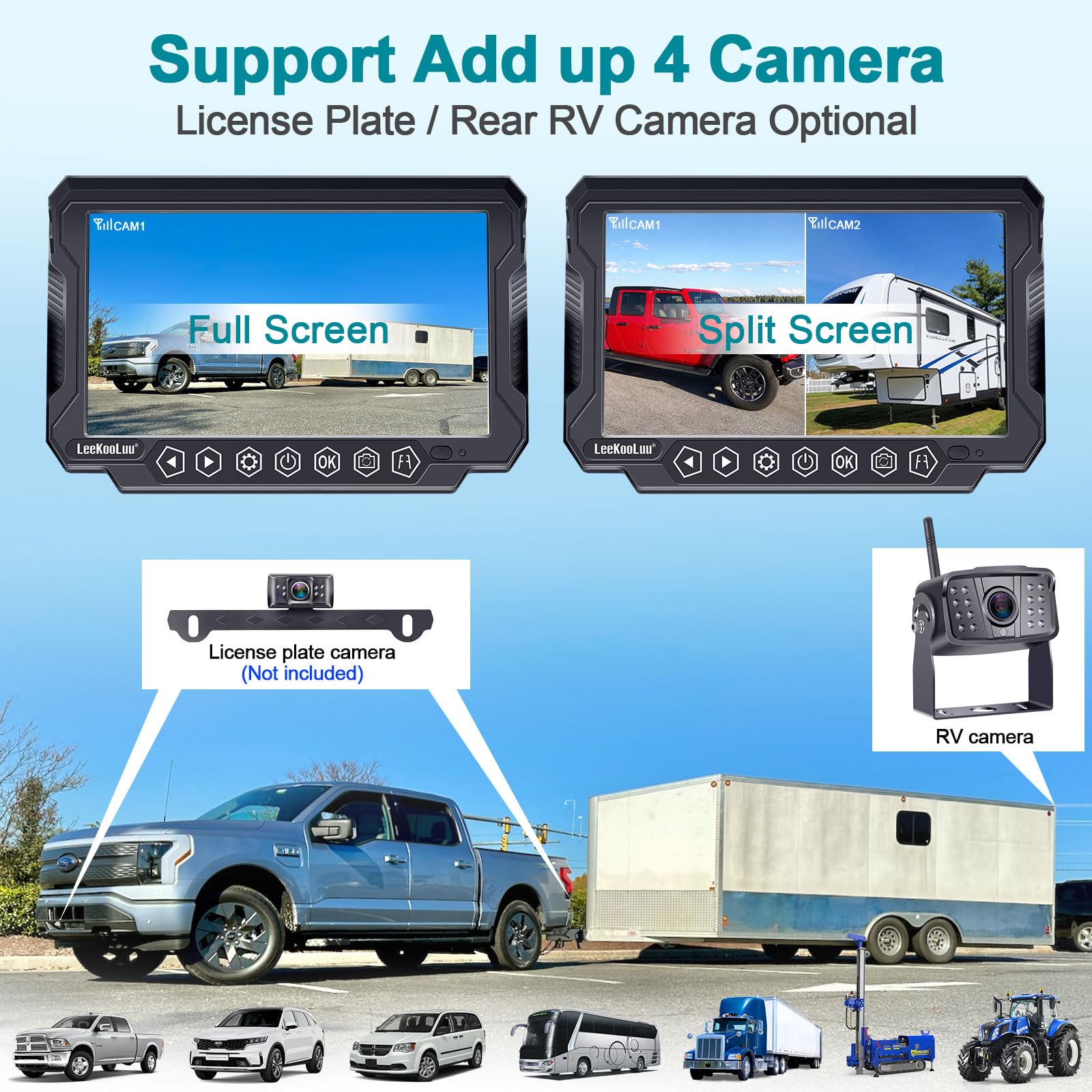 LeeKooLuu RV Backup Camera Wireless 7 Inch Monitor DVR Touch Key 2 Rear View Camera System Digital Signals for Trailers Motorhome 5th Wheels Pigtail Wire Adapter for Furrion Pre-Wired RVs F07