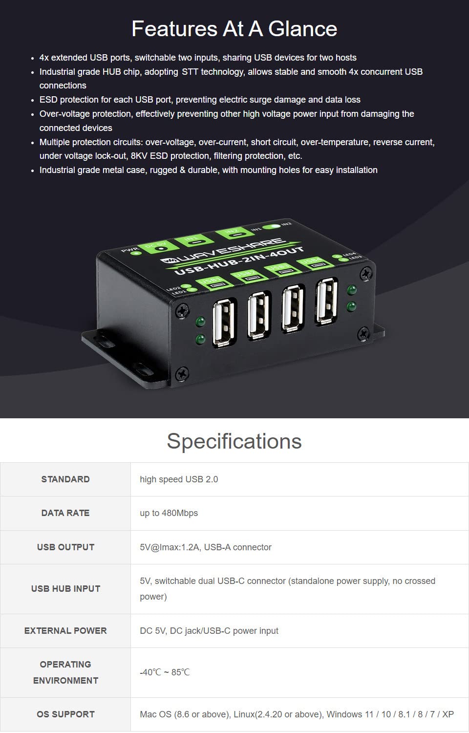 waveshare Industrial Grade USB HUB Extending 4X USB 2.0 Ports Switchable Dual Hosts Sharing USB Devices for Two Hosts Without Power Supply