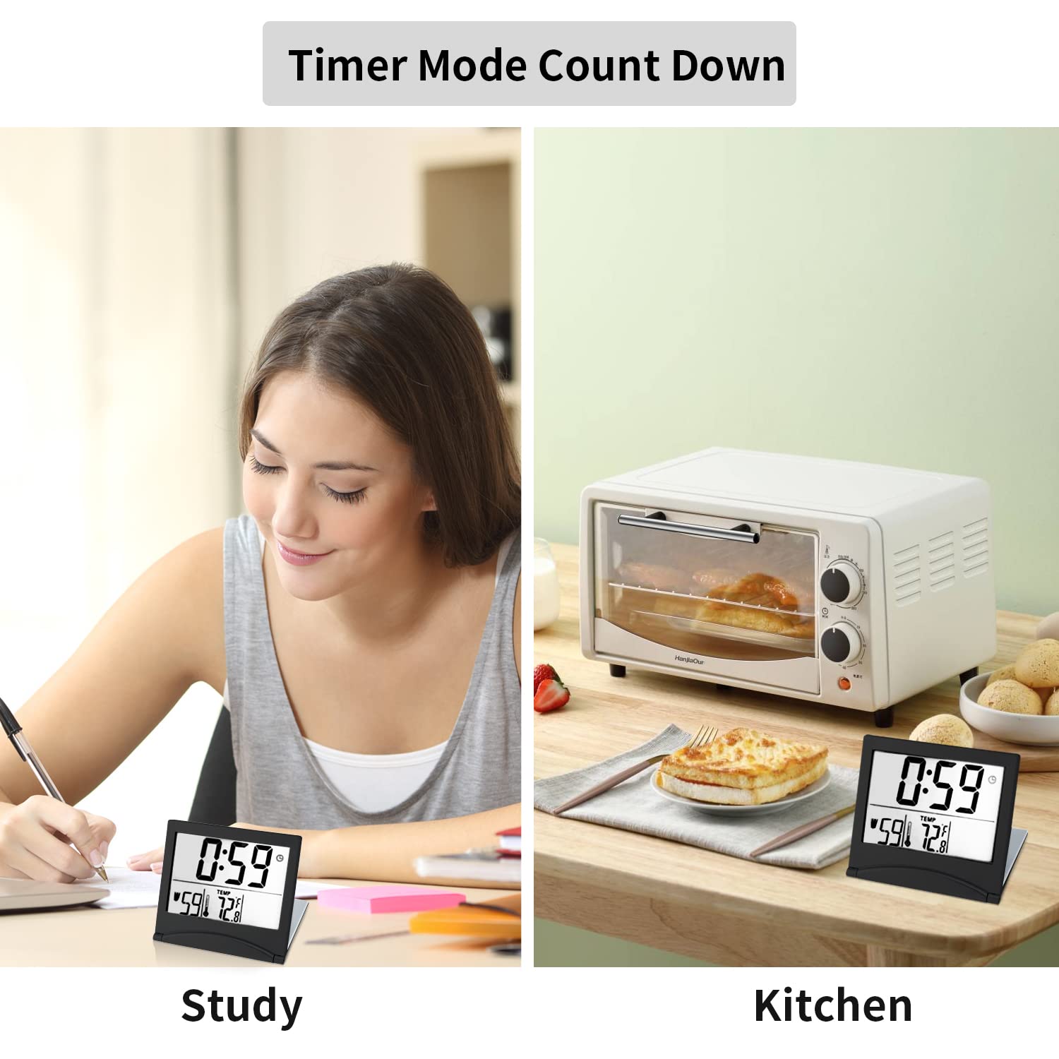 KANBIT Small Digital Travel Alarm Clock Battery Operated, Portable Large Number Display Alarm Clock with Date & Temperature,12/24 H Small Desk Clock-Black(No Light)