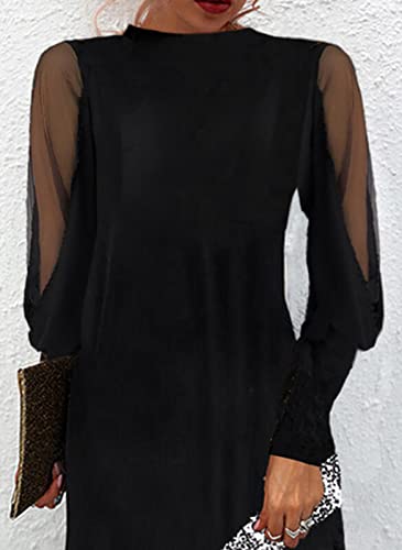 Pinkpaopao Solid Color Cross Asymmetrical Dress Women's Black Crewneck Splicing Mesh Balloon Sleeve Party Dress