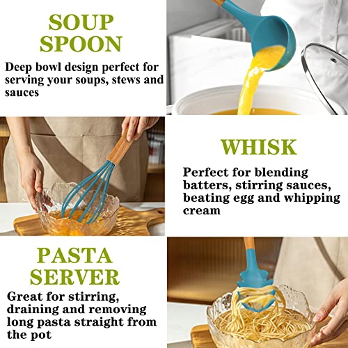 Kitchen Utensil Set Silicone Cooking Utensils -Fungun 35 pcs Kitchen Utensils Tools Wooden Handle Spoons Spatulas Set Cookware Turner Tongs Whisk Kitchen Gadgets with Holder